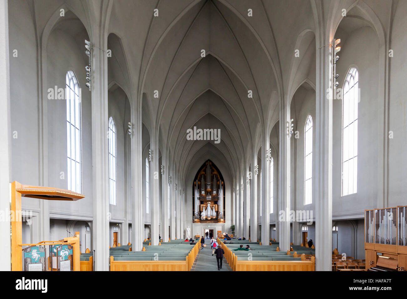 An interior view of Hallgrimskirkja Lutheran Church in Reykjavik ...