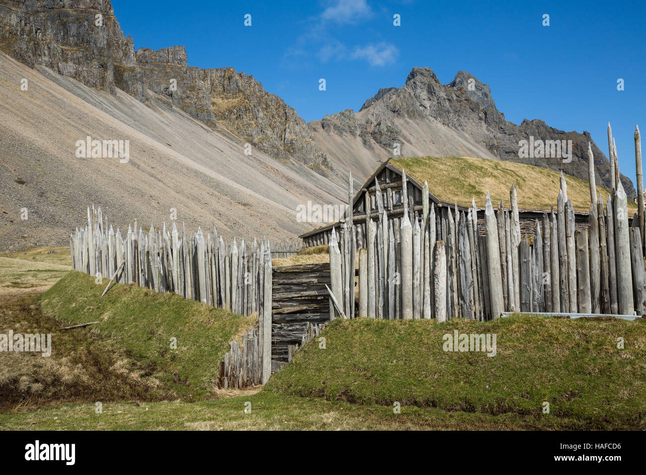 Viking village long-house and fence with sharpened posts to keep out ...