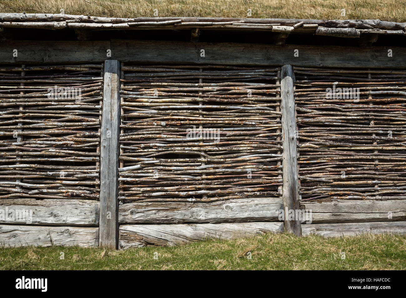 Thatched wall detail along the side of a replica viking longhouse ...