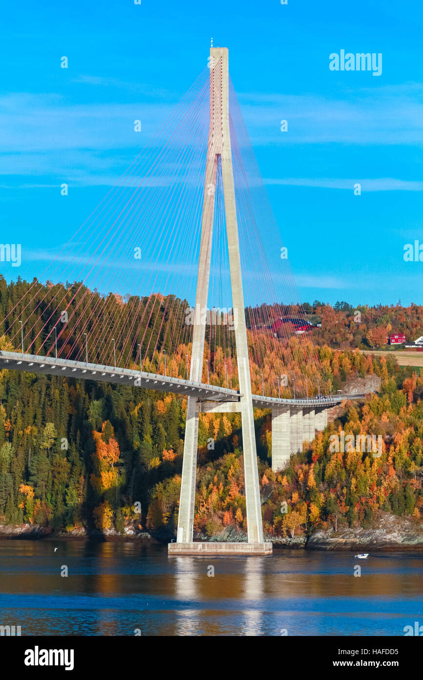 Modern cable-stayed bridge in Norway, vertical photo of Skarnsund ...