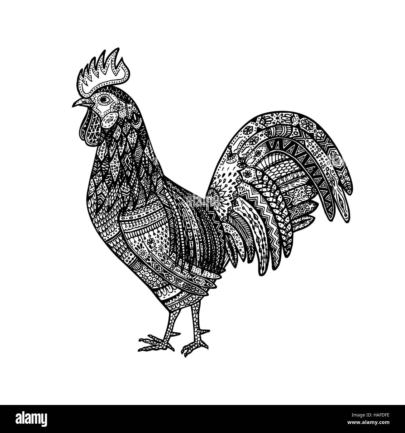 Vector Rooster with ethnic floral doodle pattern. Coloring book page ...