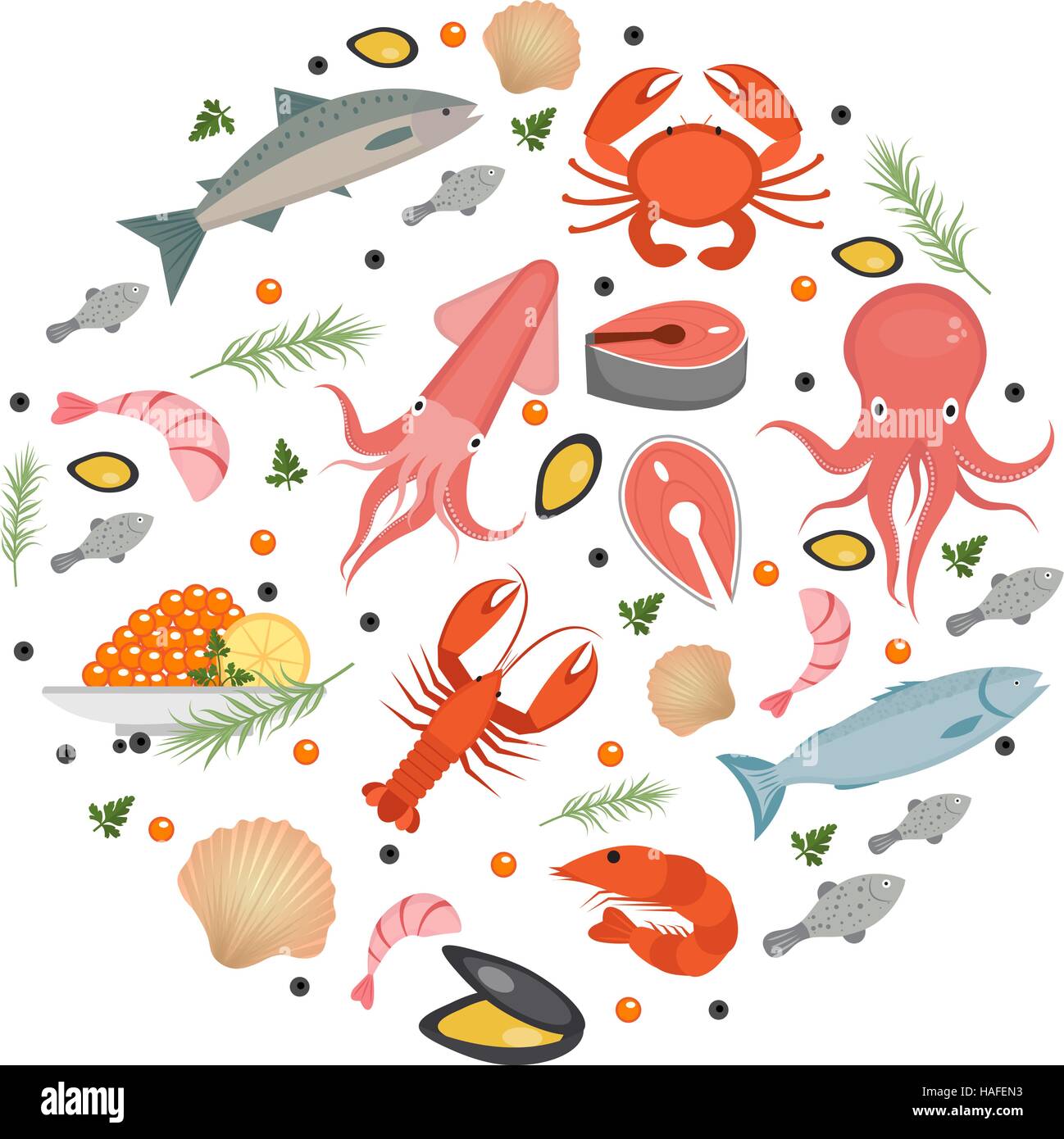 Seafood icons set in round shape, flat style. Sea food collection ...
