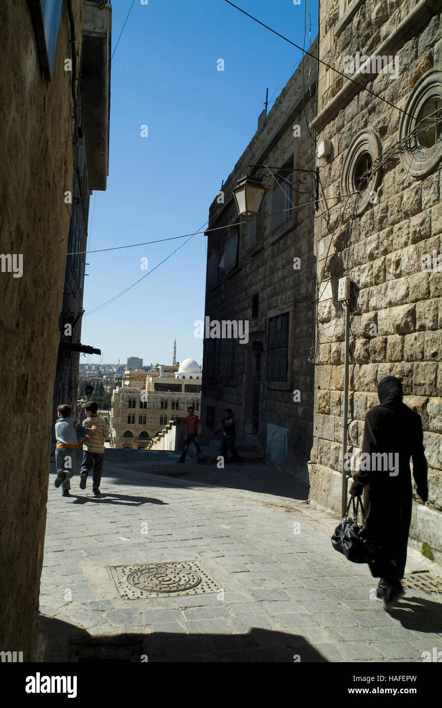 A street scene in the old town of Aleppo before the Syrian civil war ...
