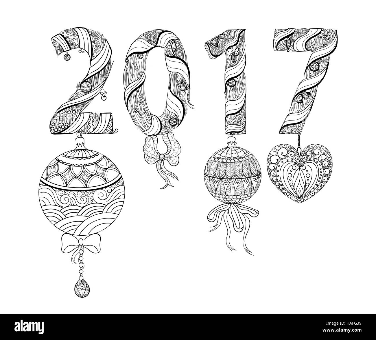 Hand drawn ink pattern. Coloring book for adult merry christmas Stock ...