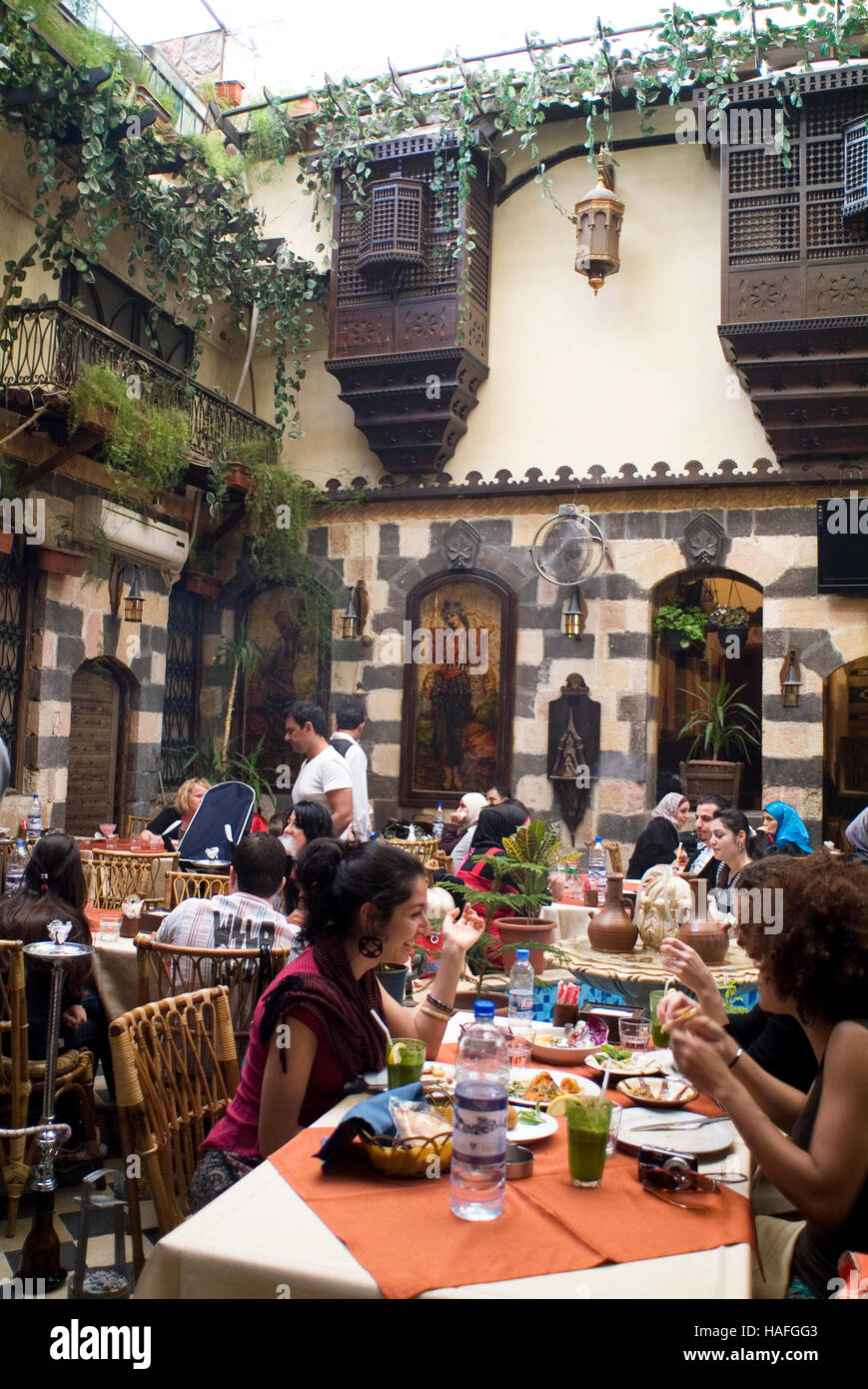 Diners at Bab Al Hara Restaurant in the Old Town of Damascus in Syria ...