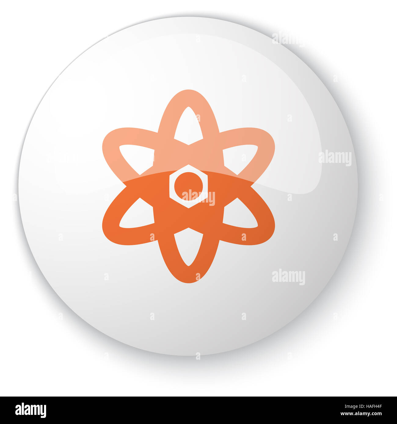 Glossy white web button with orange Nuclear icon on white background ...
