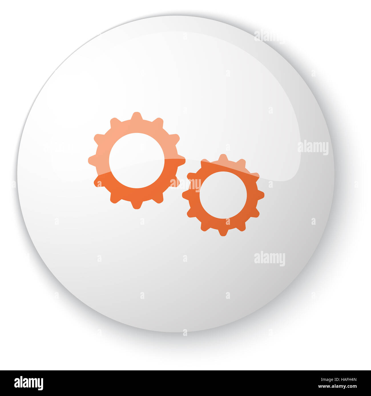 Glossy white web button with orange Gears icon on white background ...
