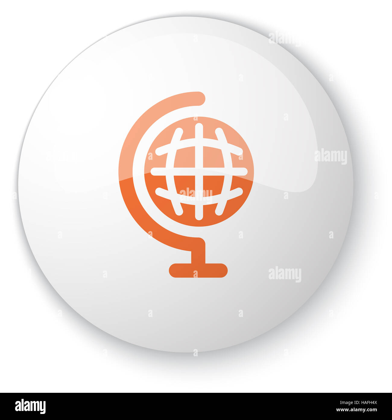 Glossy white web button with orange Earth Globe icon on white ...