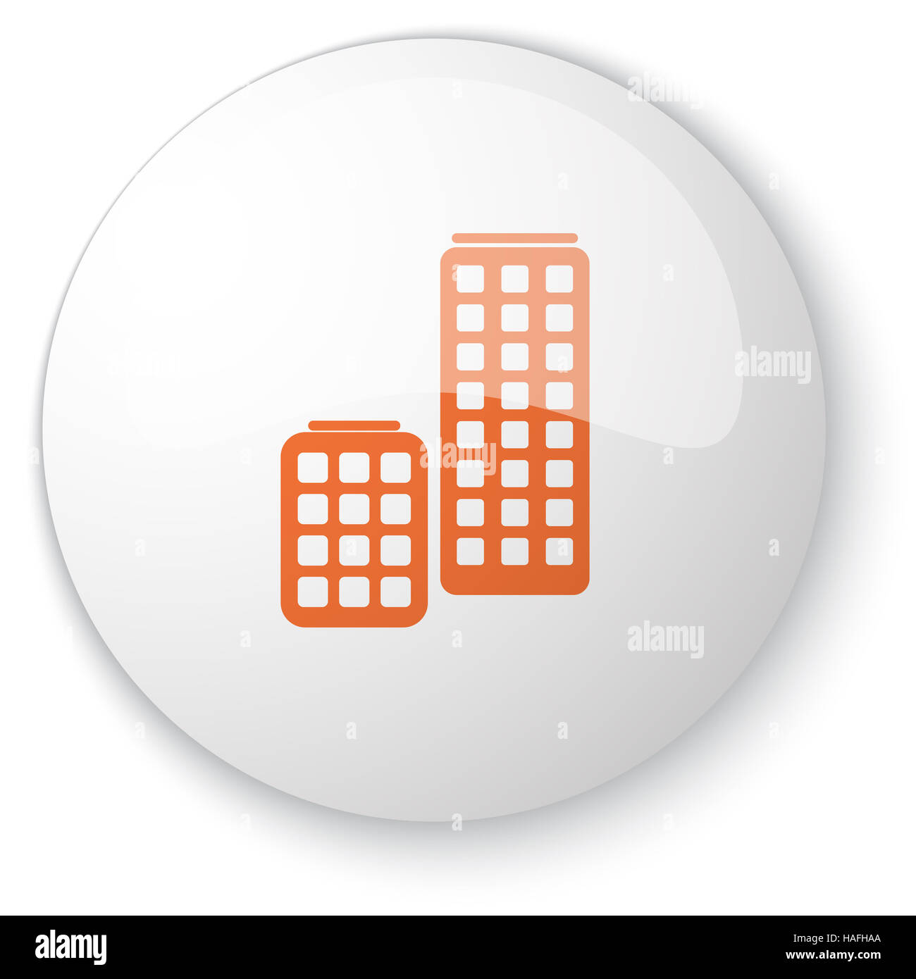 Glossy white web button with orange Skyscrapers icon on white ...