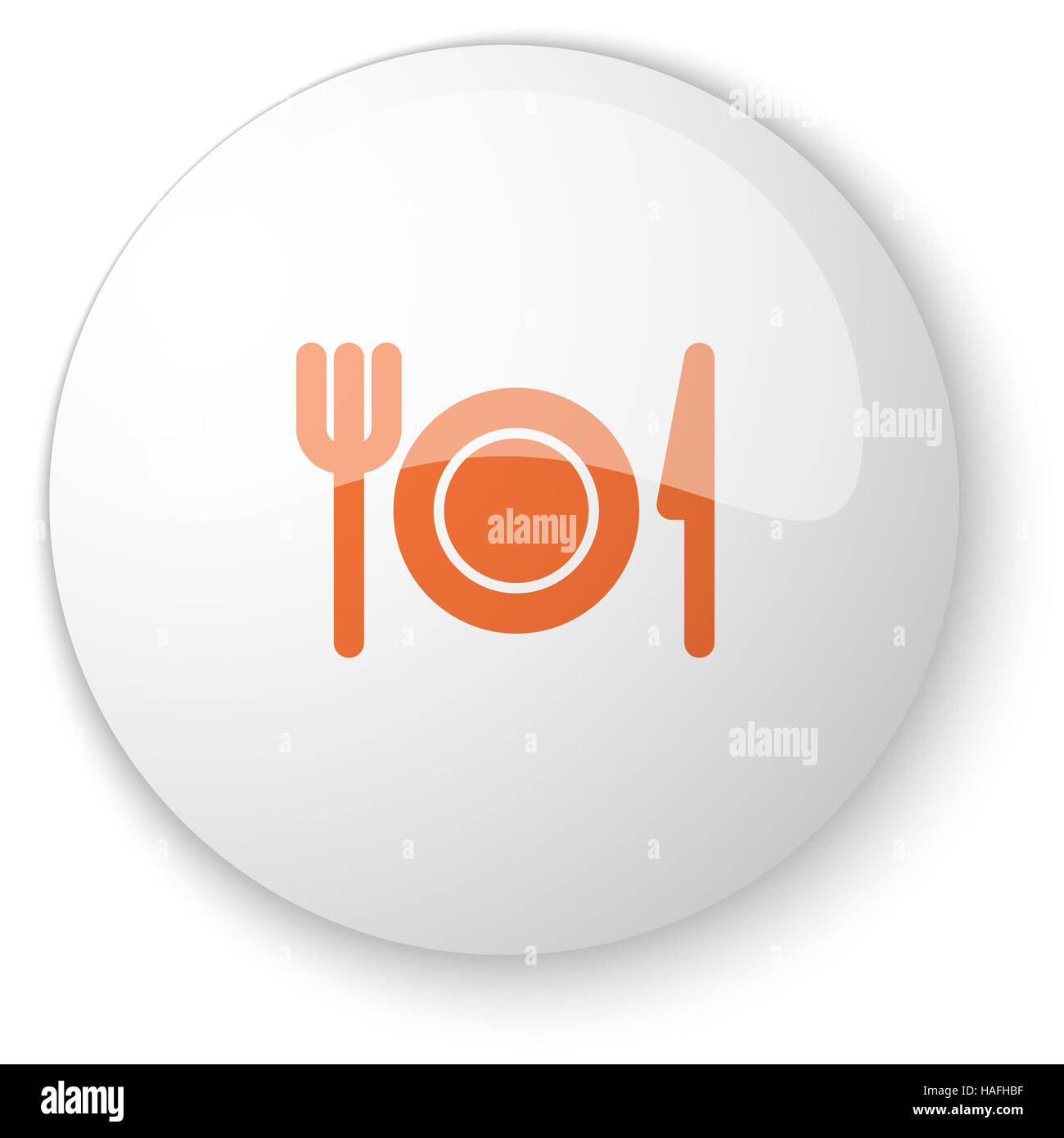 Glossy white web button with orange Dinner icon on white background ...