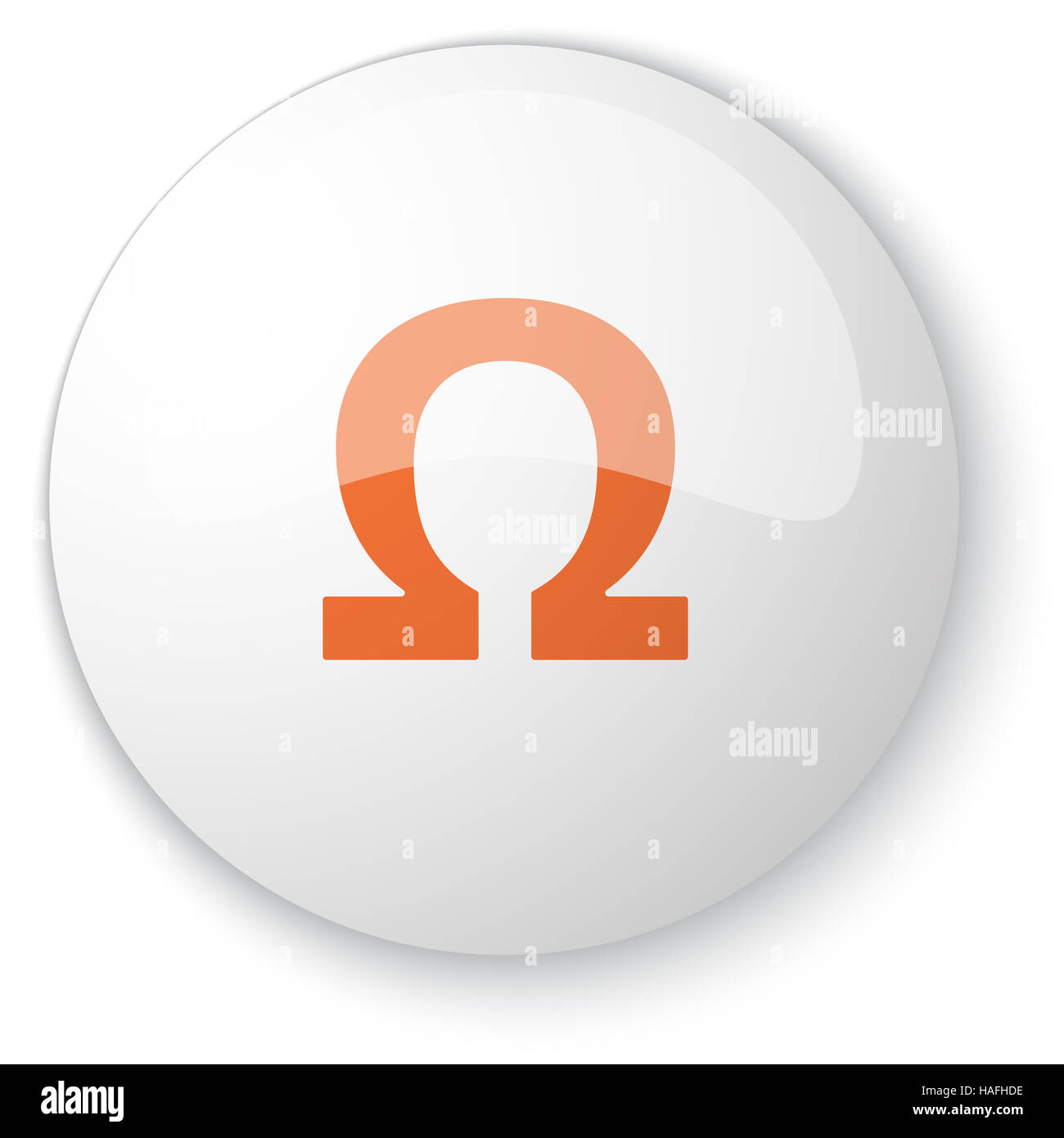 Glossy white web button with orange Omega icon on white background ...