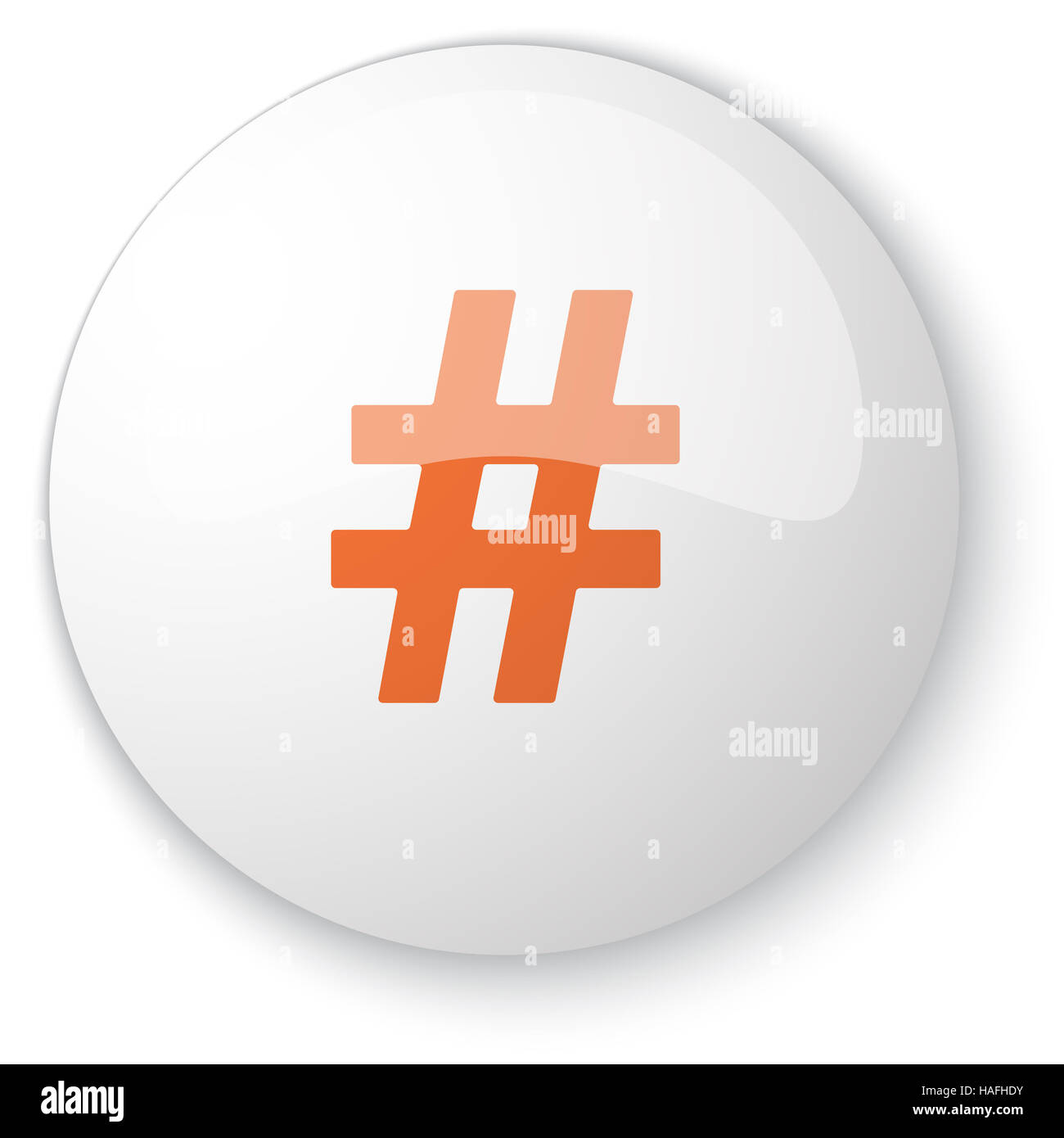 Glossy white web button with orange Hashtag icon on white background ...