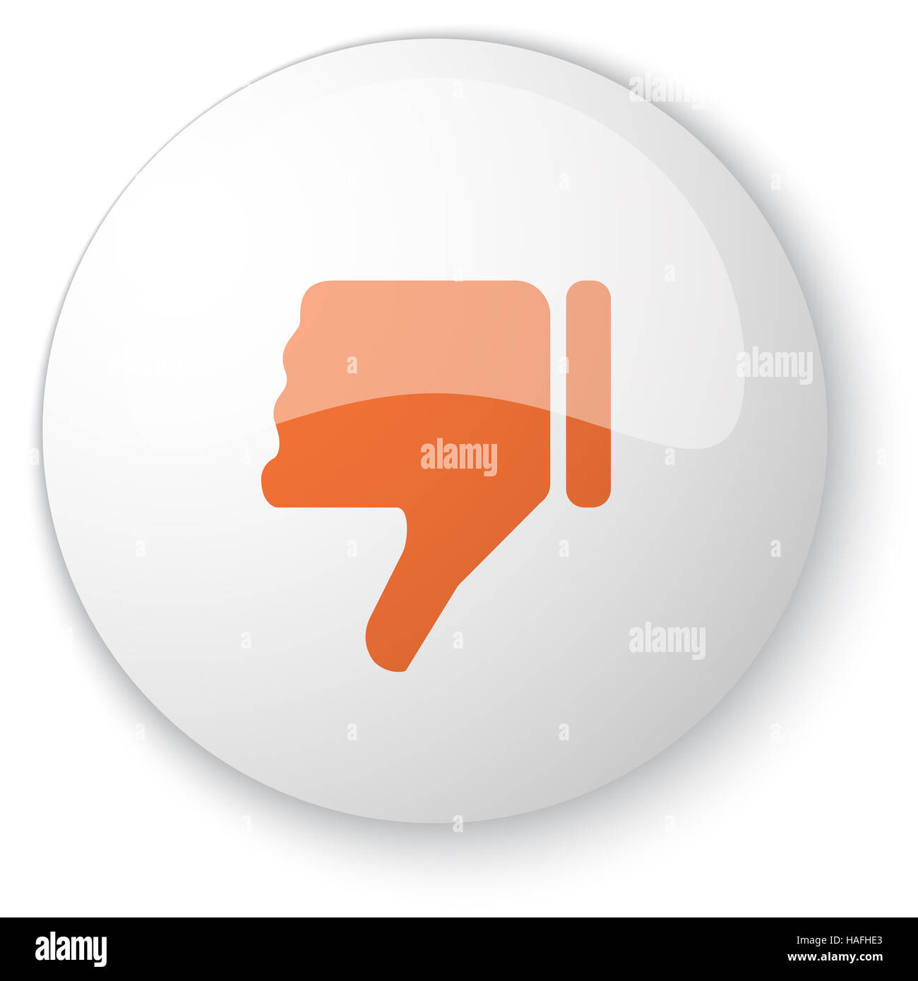 Glossy white web button with orange Thumb Down icon on white background ...