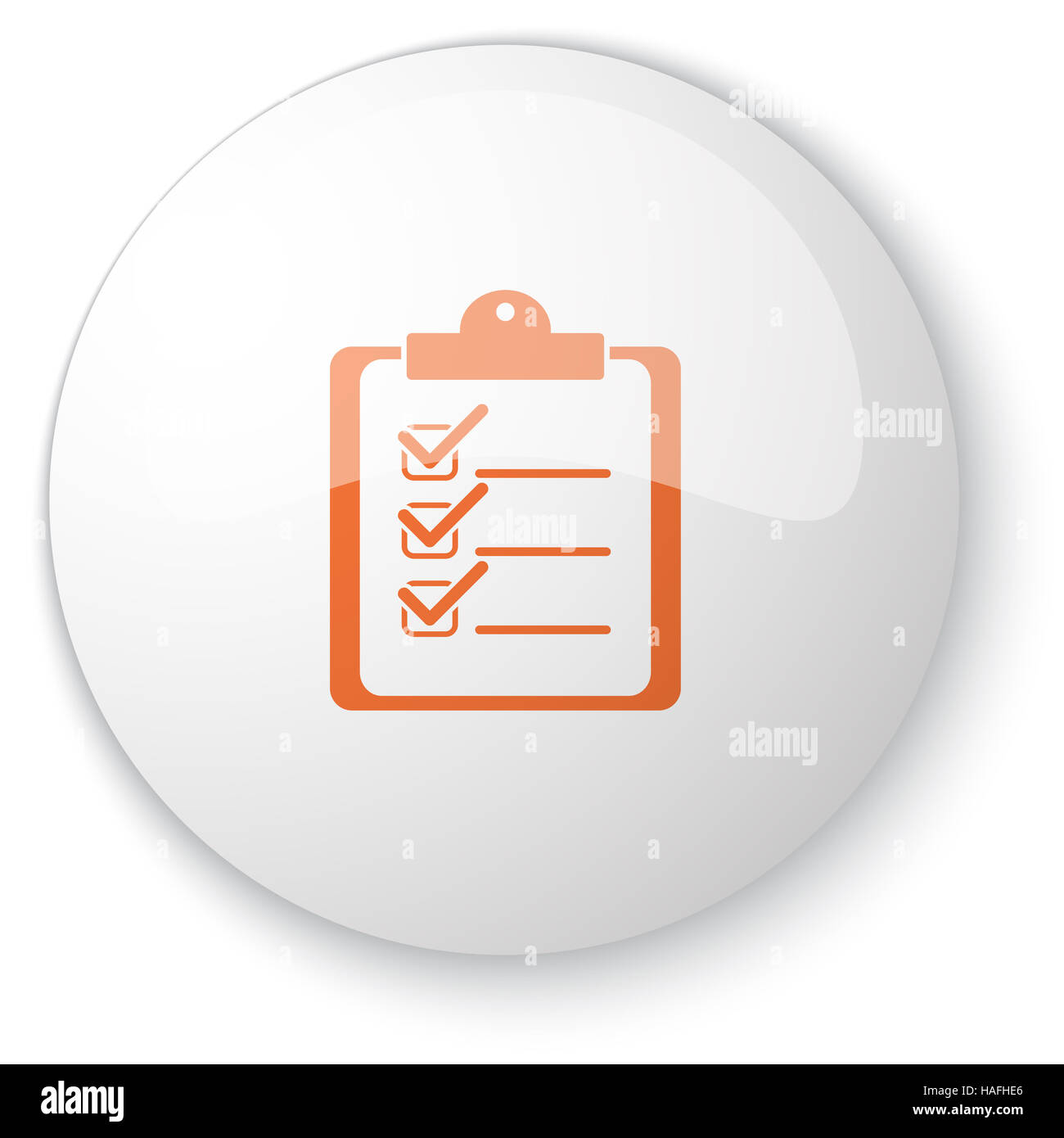 Glossy white web button with orange Clipboard Checklist icon on white ...