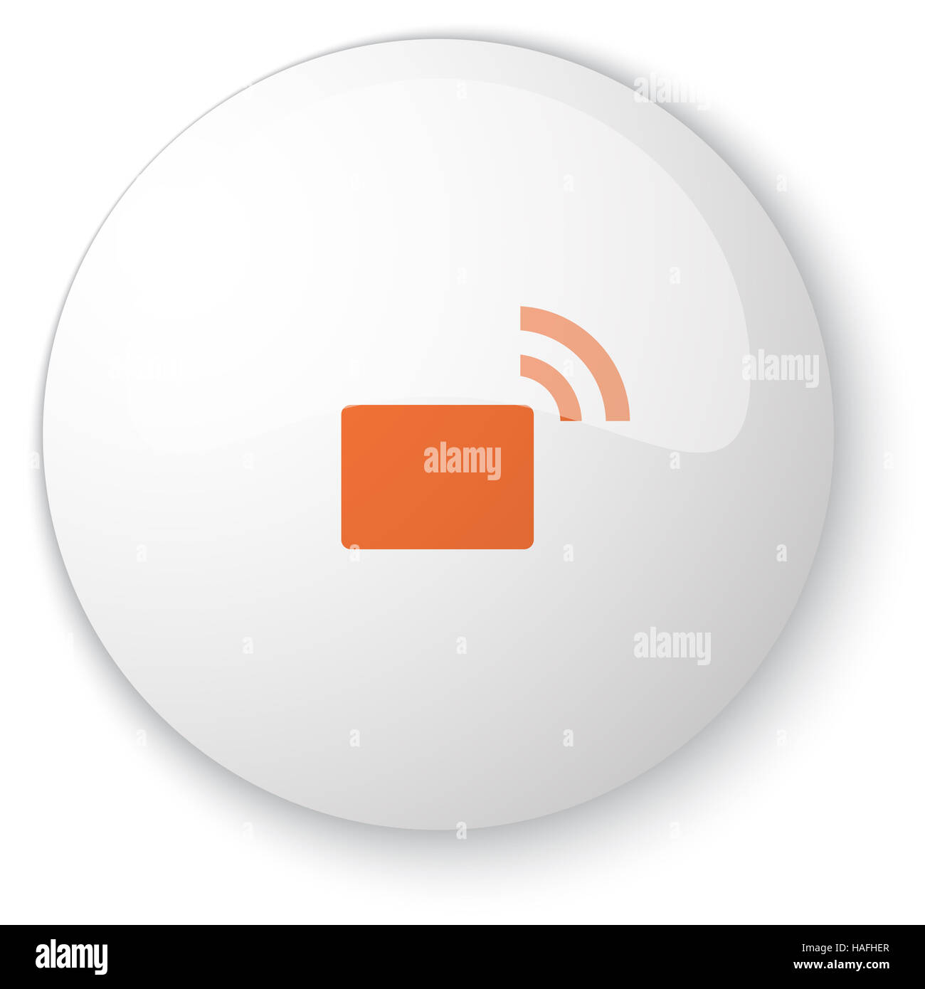 Glossy white web button with orange Transmitter icon on white ...
