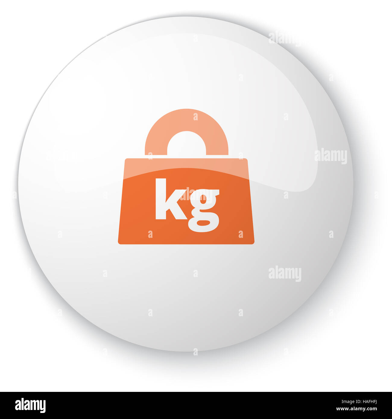 Glossy white web button with orange Weight Kilograms icon on white ...