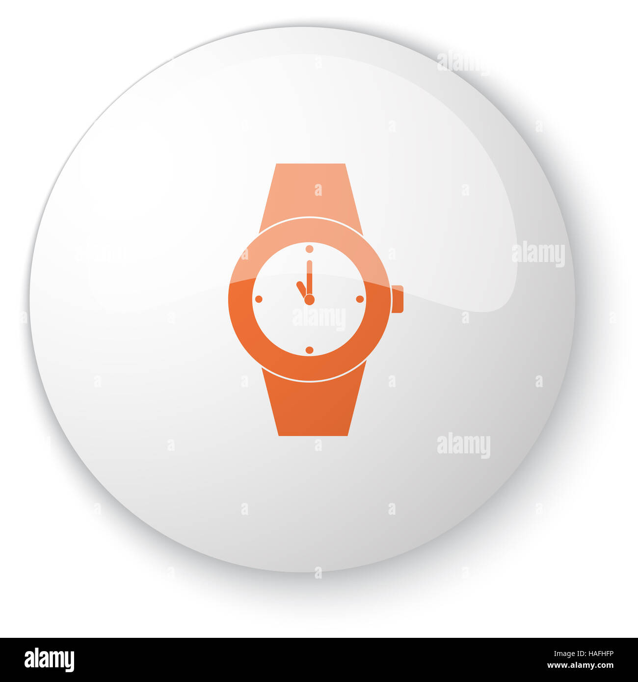 Glossy white web button with orange Wrist Watch icon on white ...