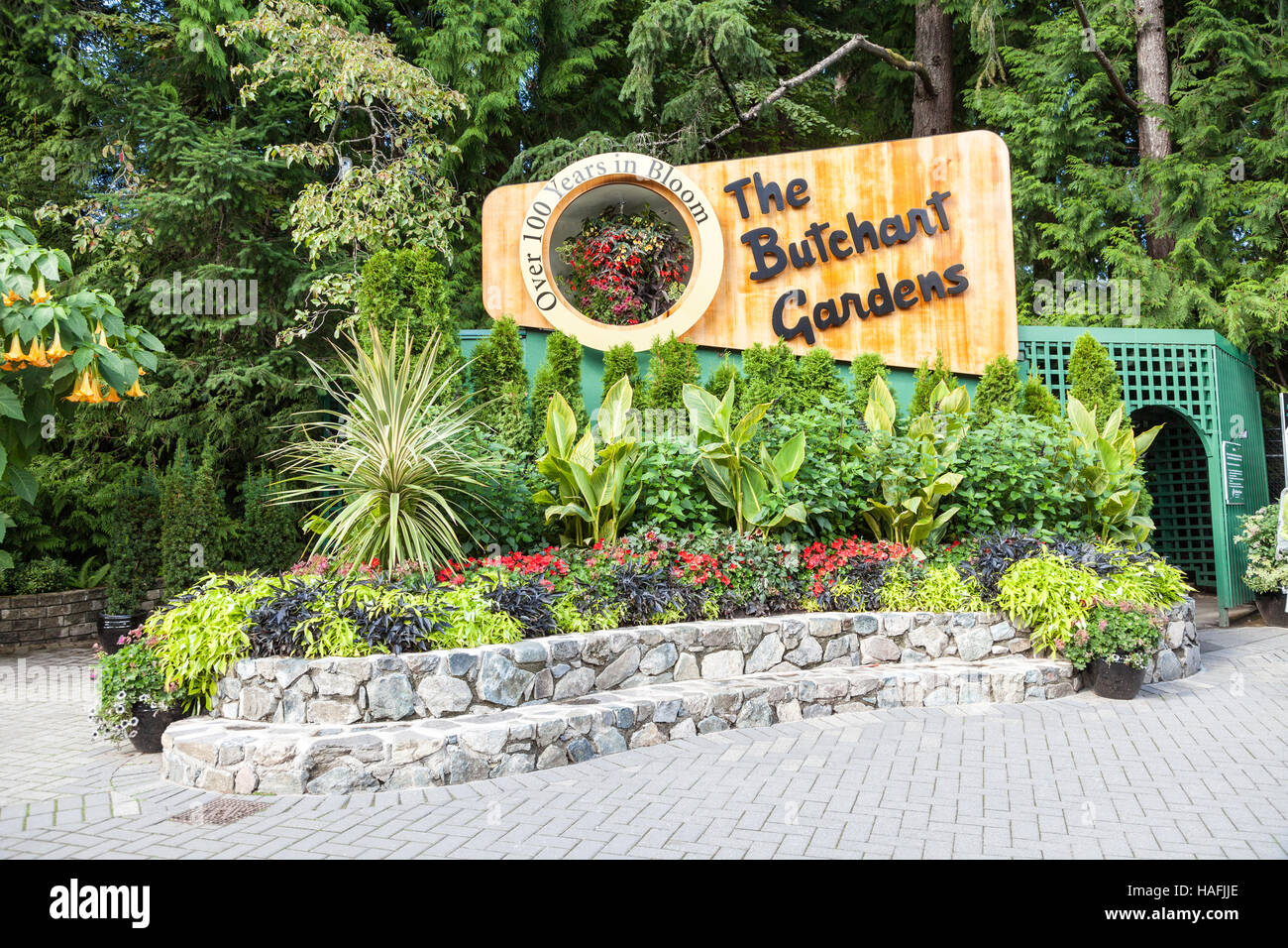 Sign at the entrance to Butchart Gardens Brentwood Bay, British ...