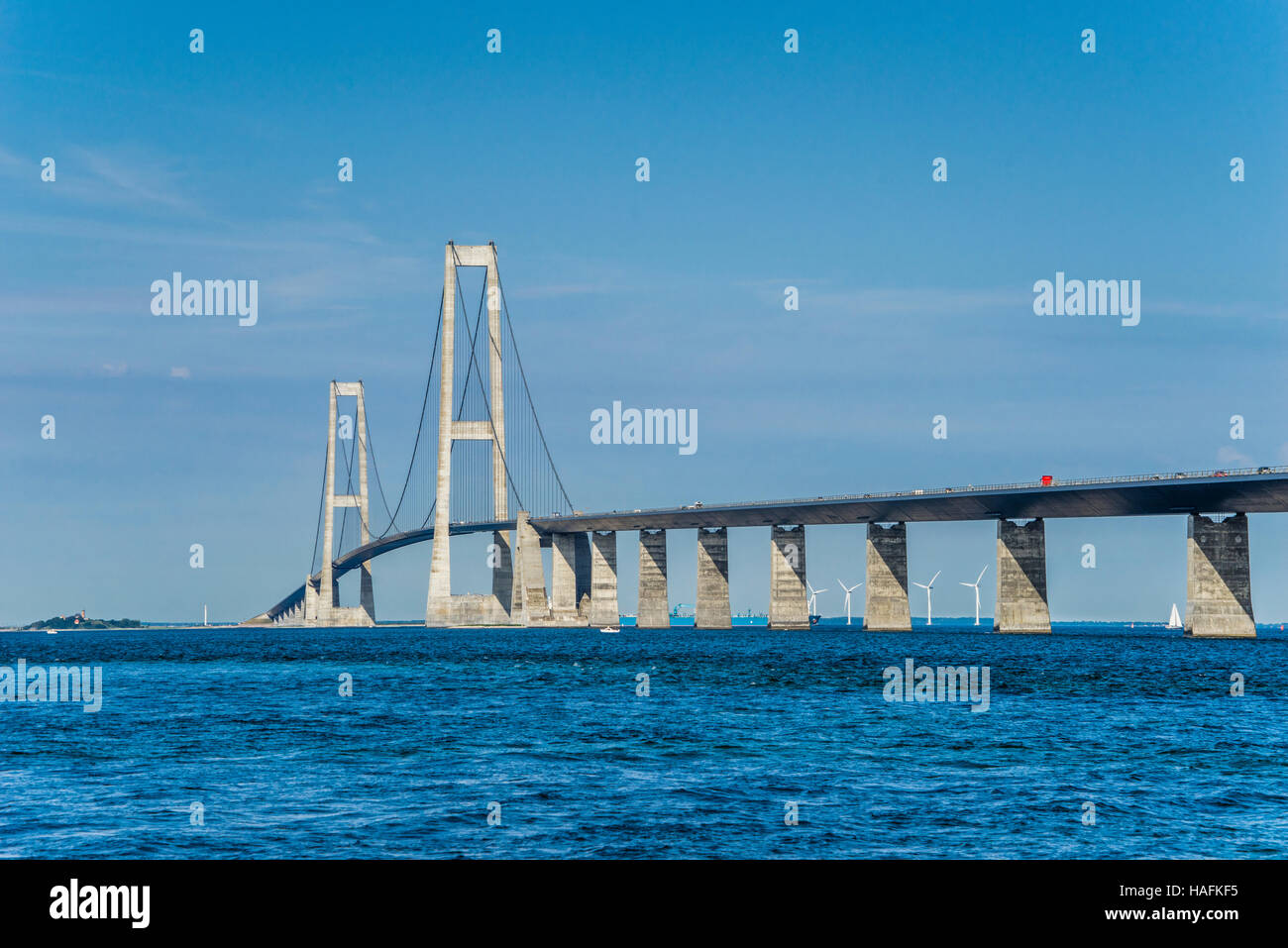 Denmark, Great Belt Bridge, connecting the islands of Funen and Zealand ...