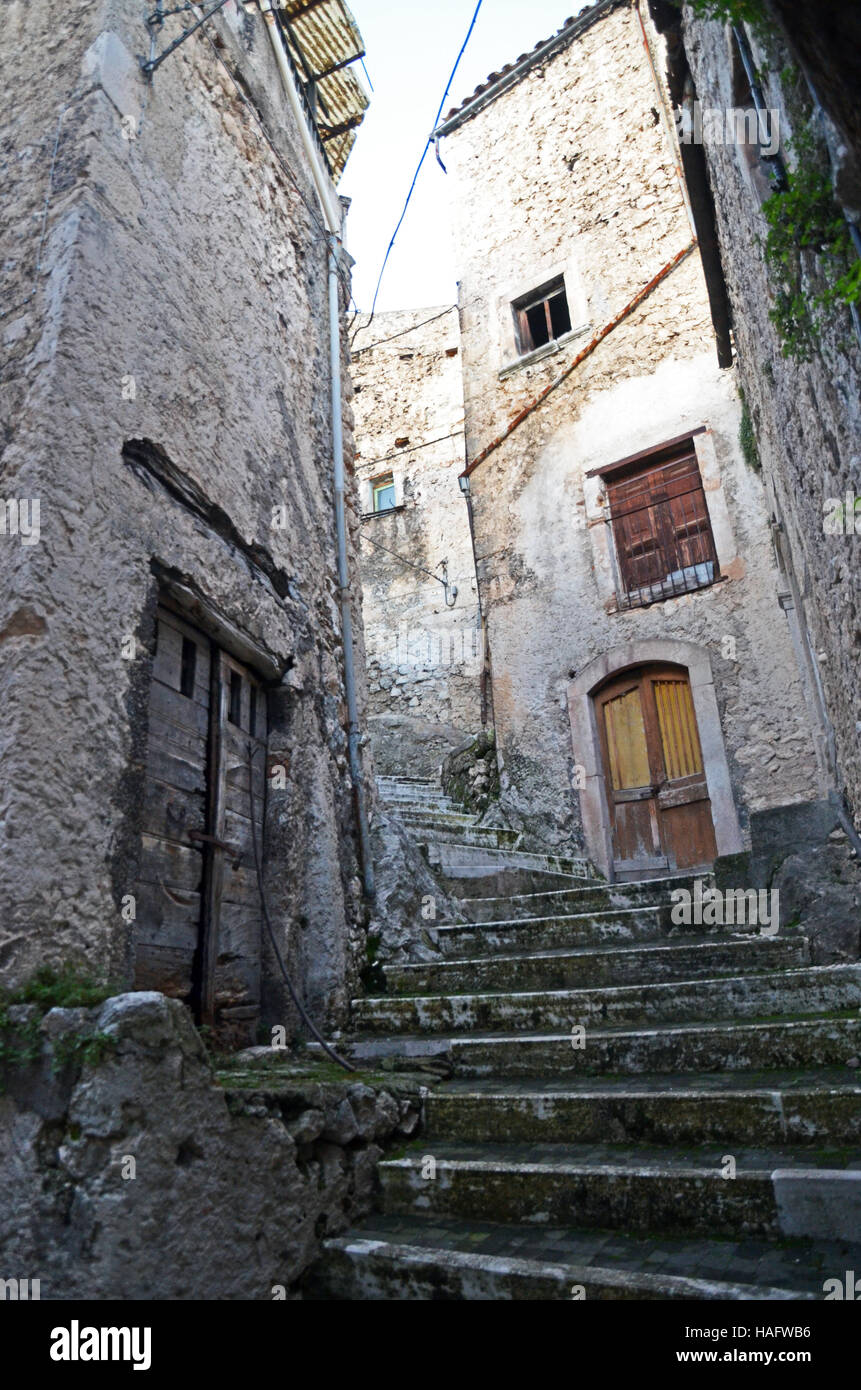 Stone staircase between old buildings, Roccacasale, L'Aquila, Abruzzo ...