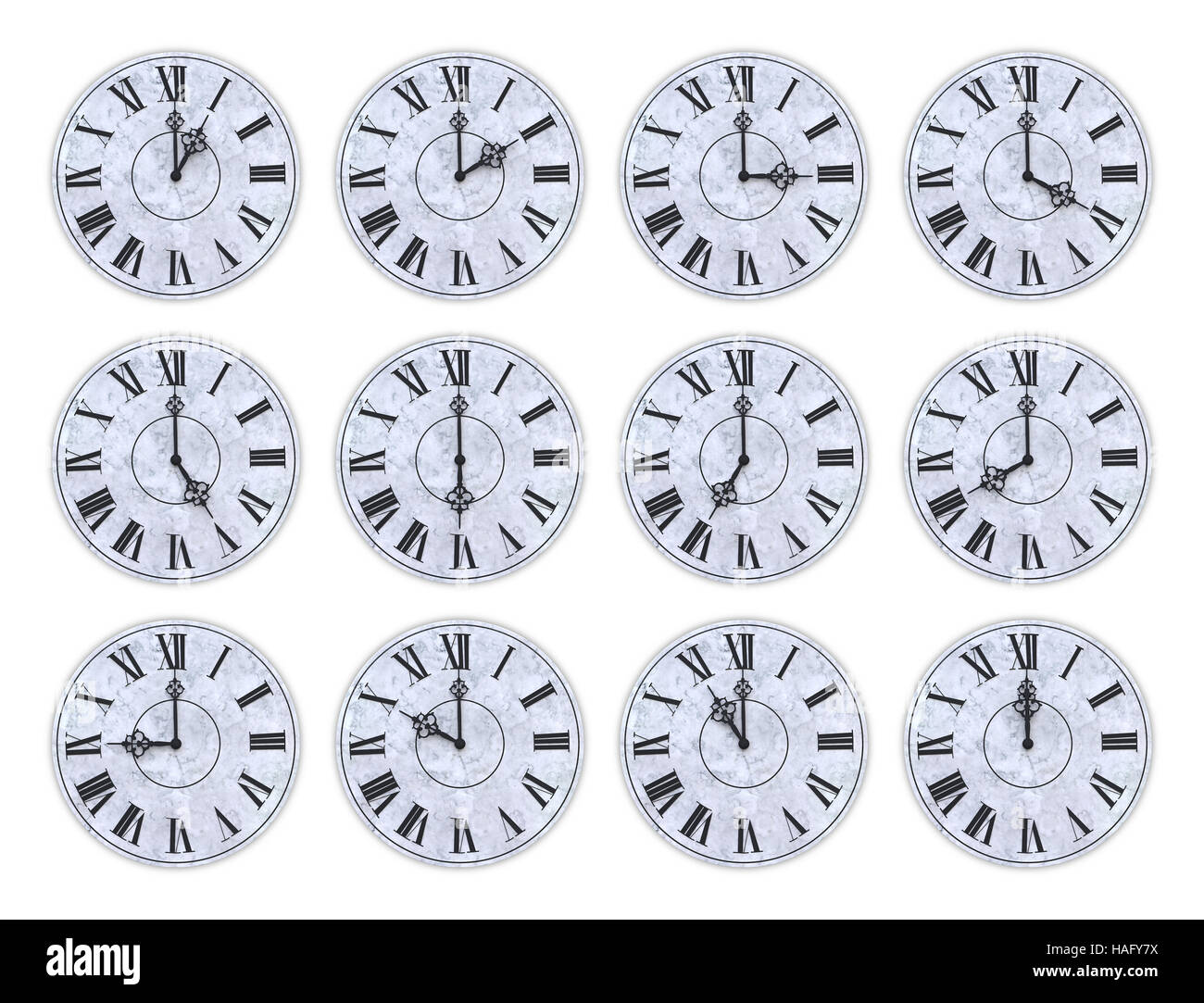 3d rendering of cut out of twelve clock faces showing twelve different ...