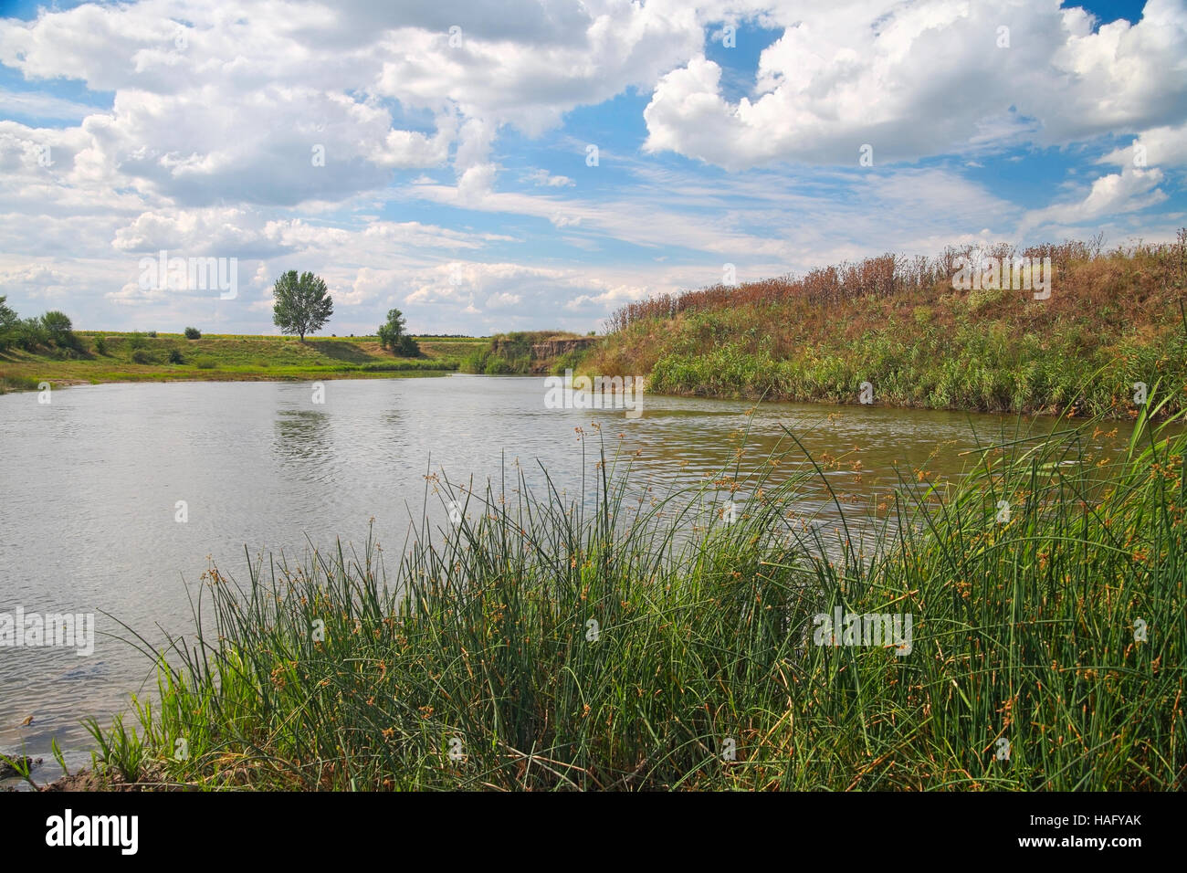 Rural landscape, river coast against the sky with clouds Stock Photo ...