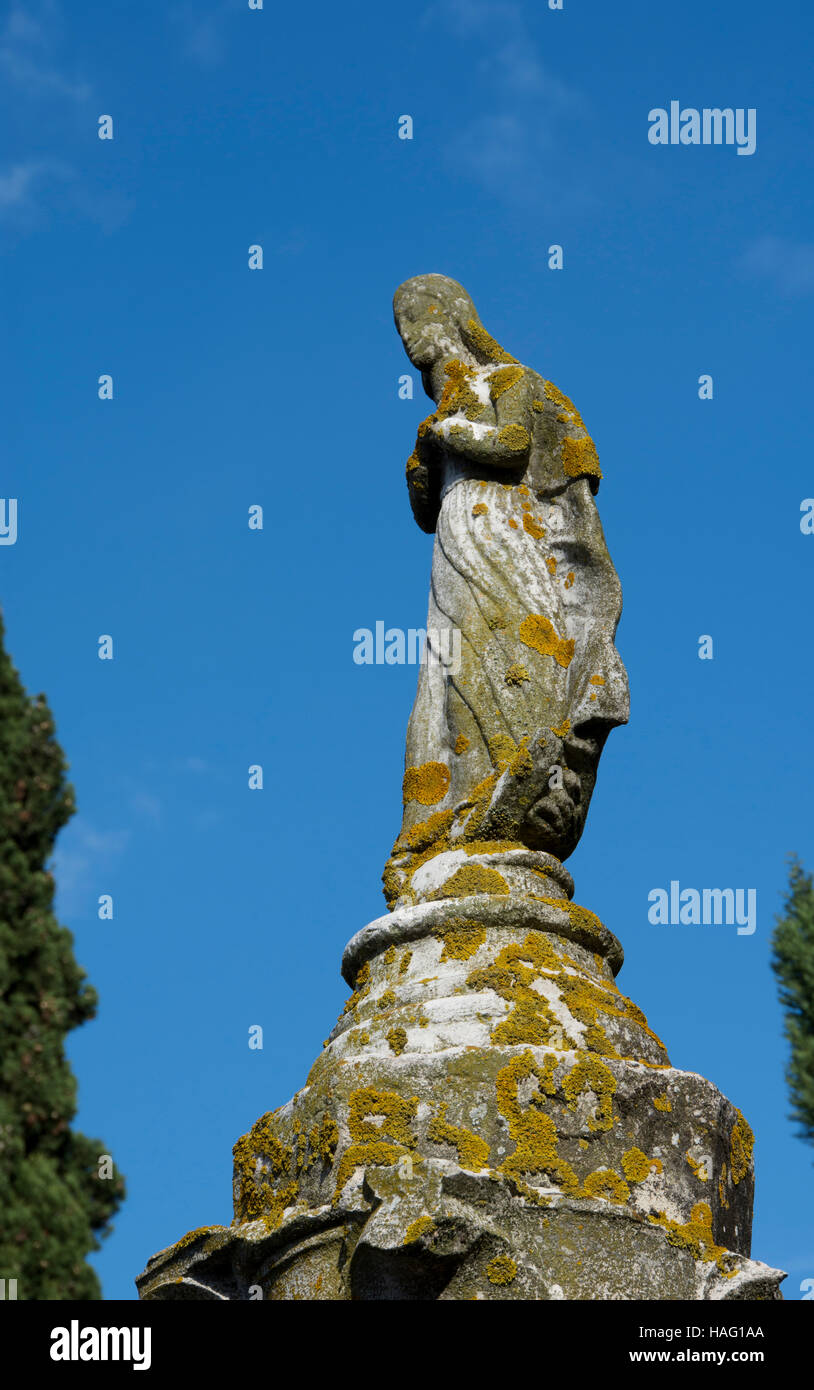 Medieval statue of a saint on an ancient column with lichen, in the ...