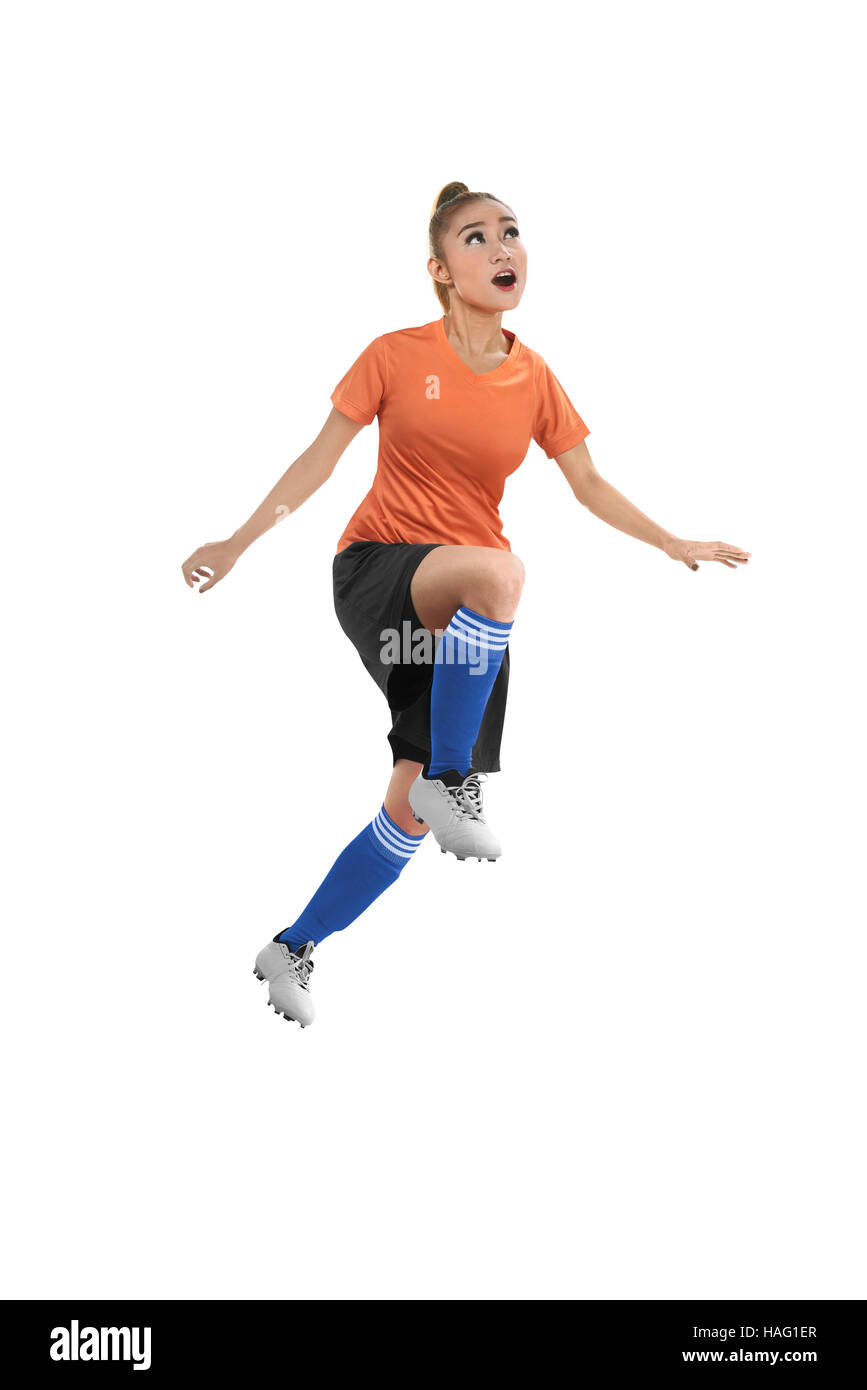 Image of female soccer player header isolated over white background ...