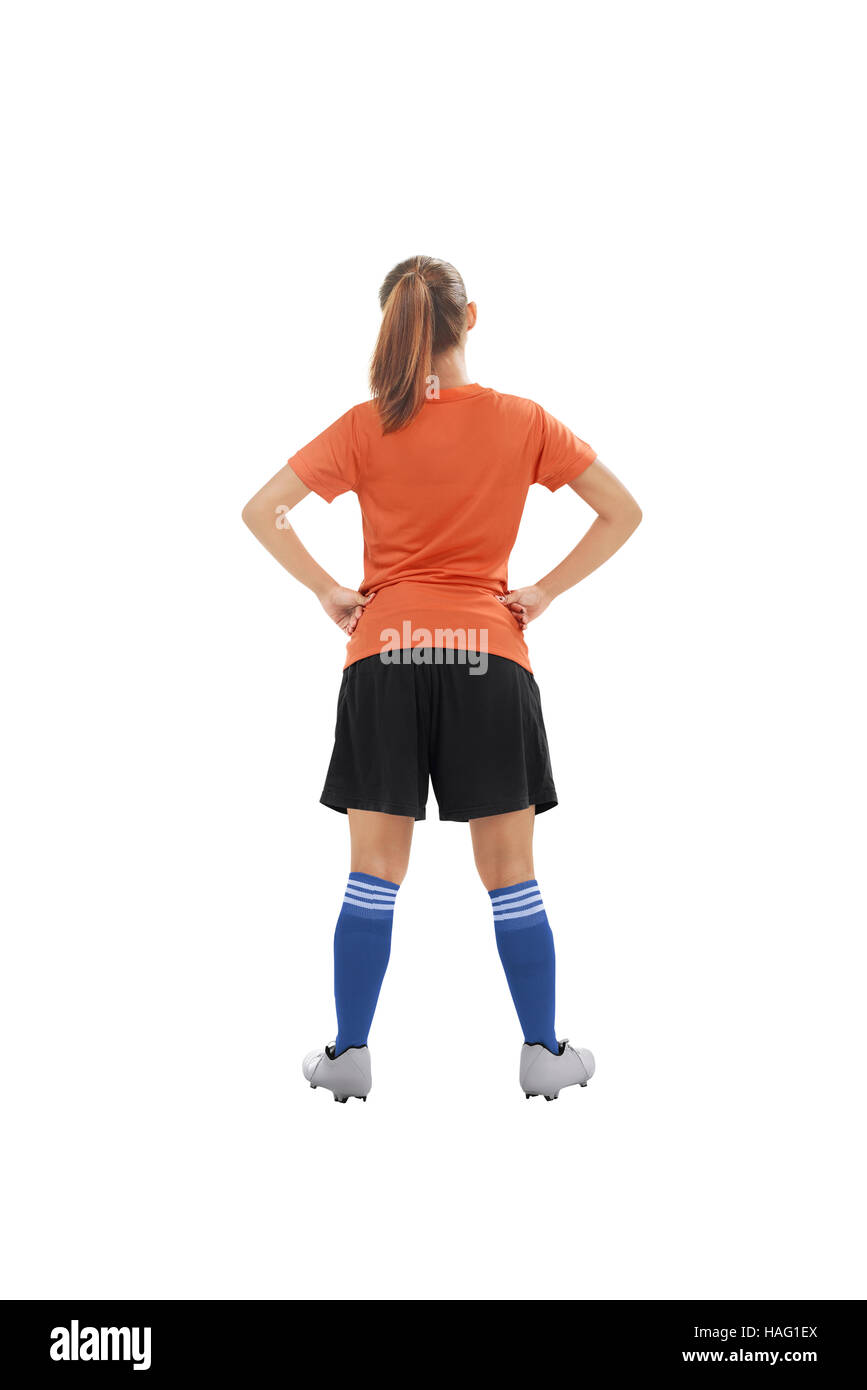 Back view female soccer player isolated over white background Stock ...