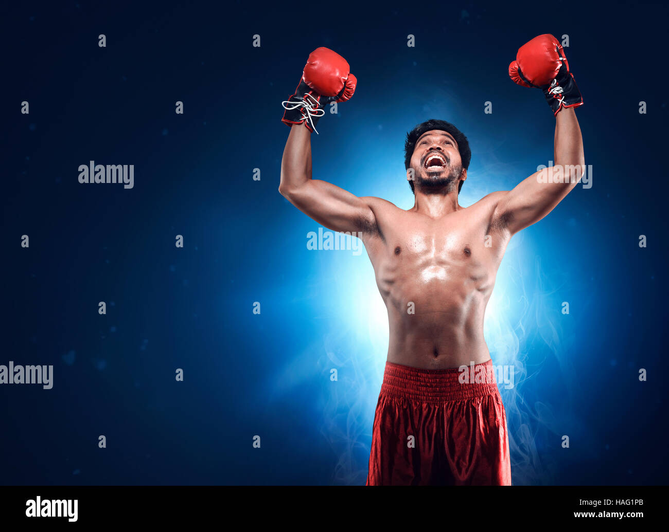 Asian boxer man with happy celebration on blue light background Stock ...