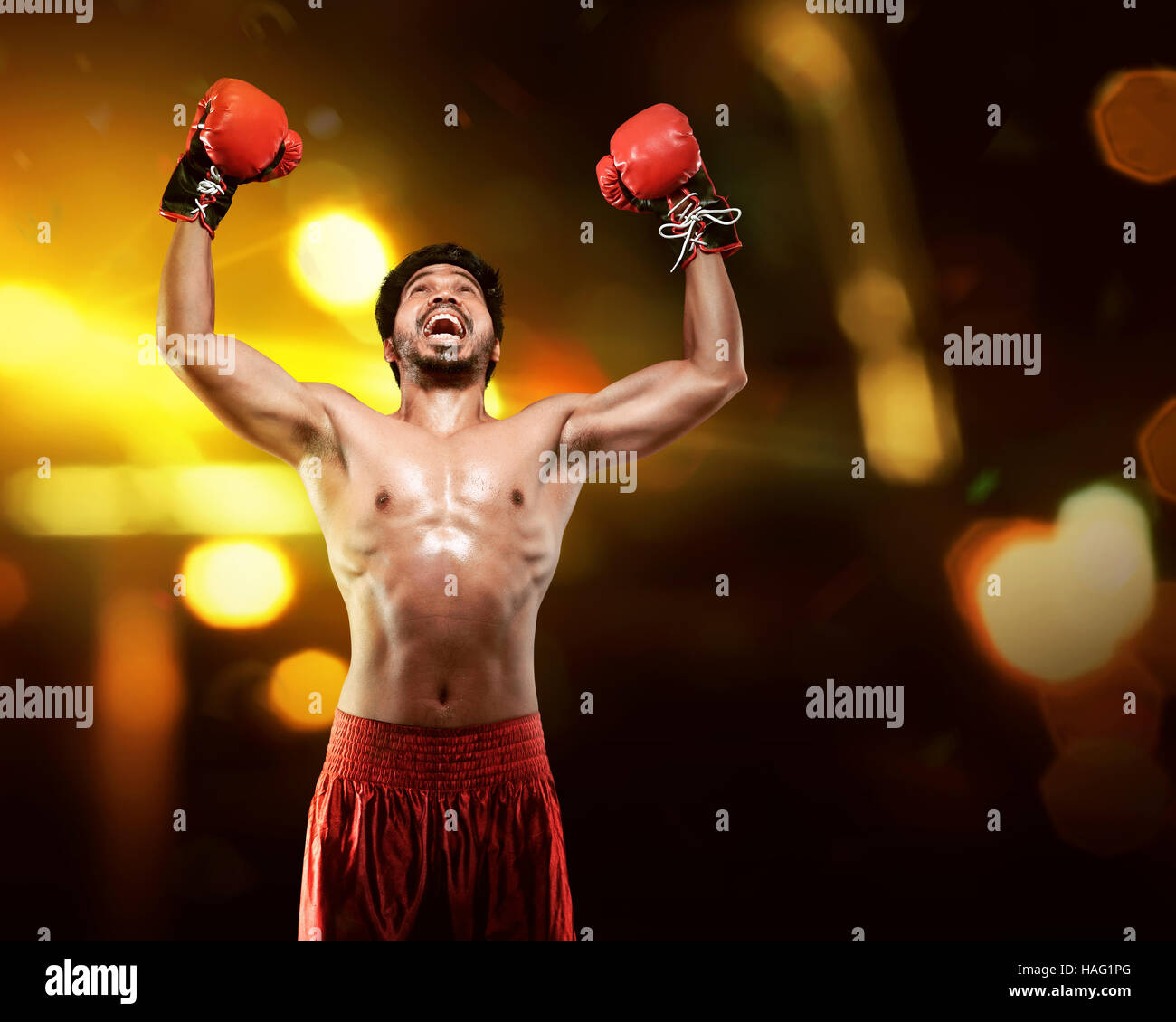Young asian boxer man with boxing gloves celebrating a win over blurred ...
