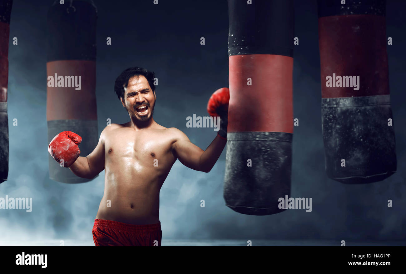 Powerful asian male boxer doing exercise with many punching bag Stock ...