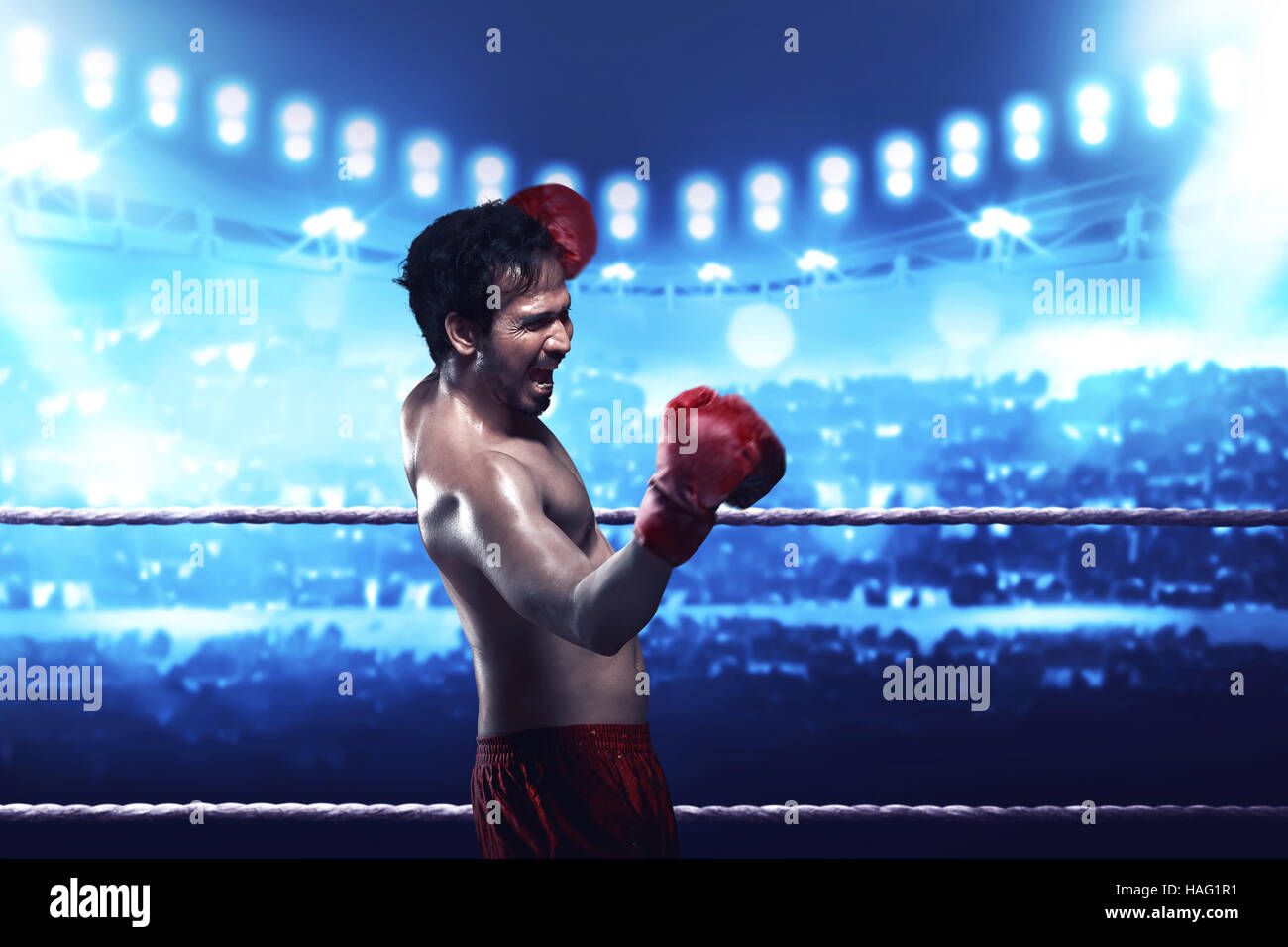 Asian boxer guy expression with boxing gloves in the boxing ring arena ...