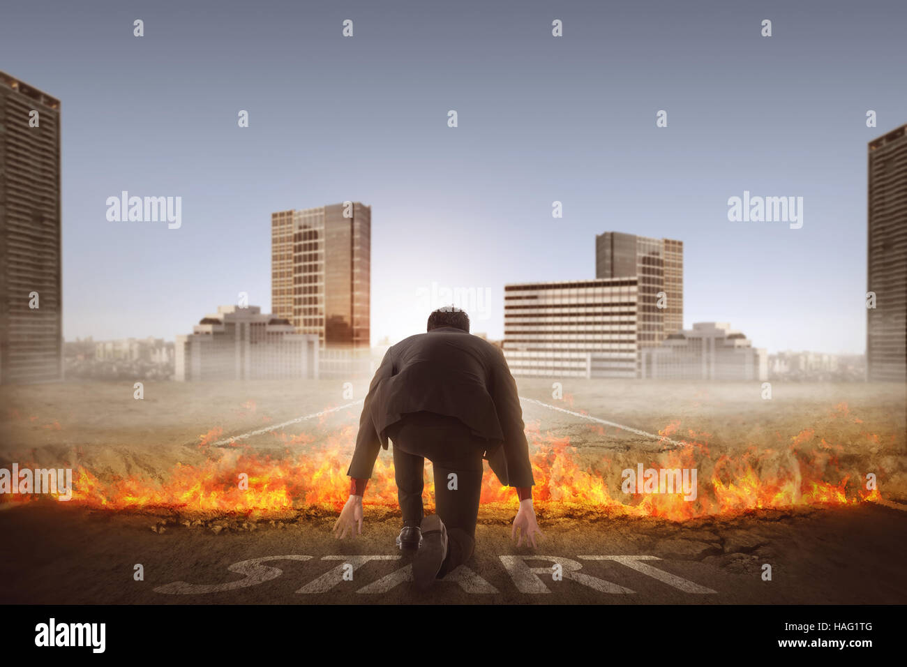 Back view of asian business man start running over broken road with ...