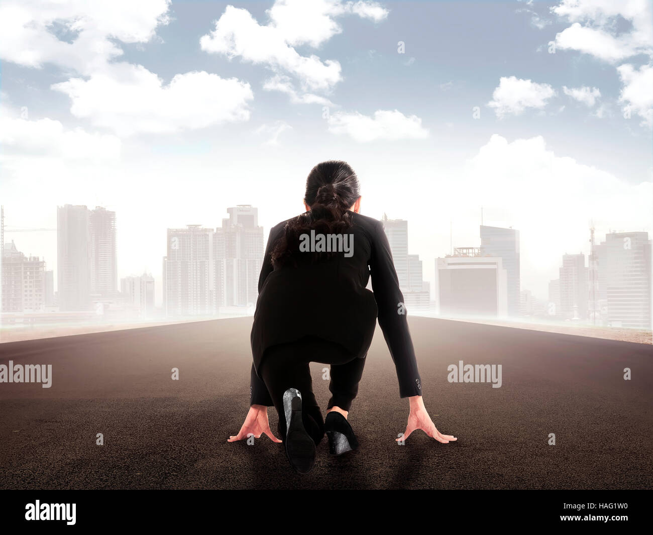 Backview of asian business woman start run on the highway Stock Photo ...