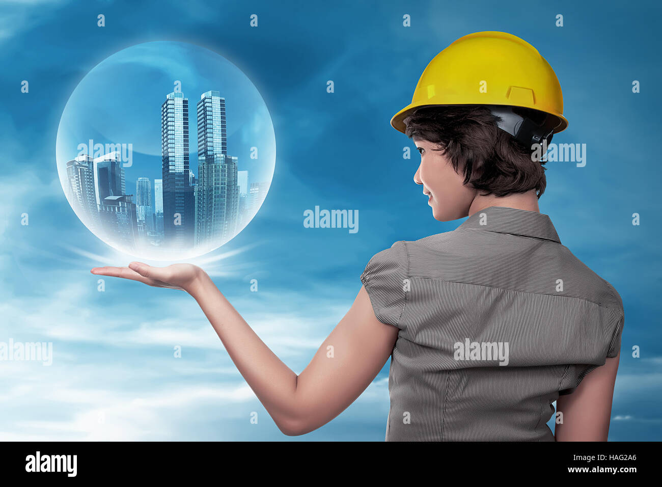 Back view asian woman, she's contractor. She have smart idea Stock ...