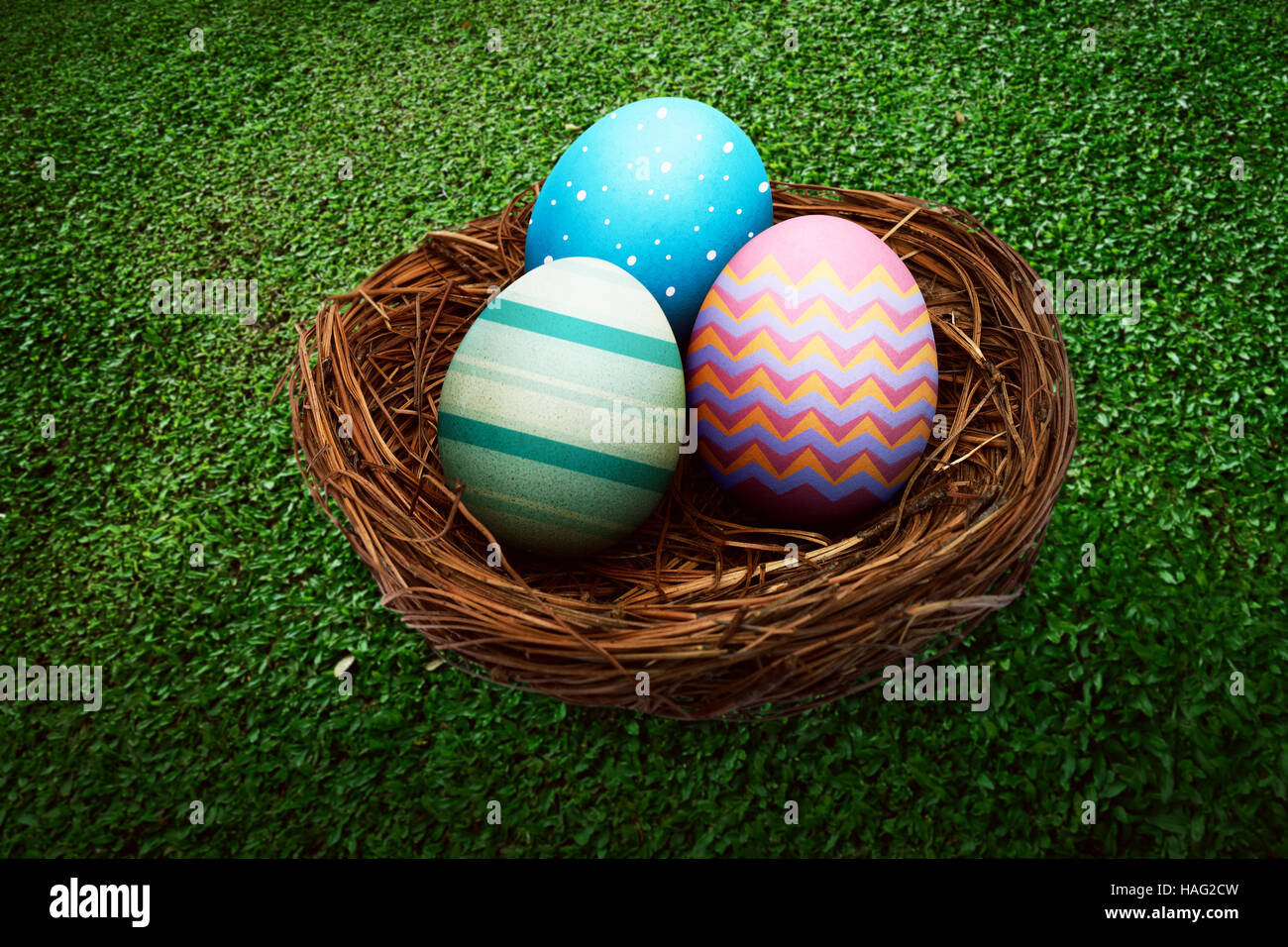 Colorful eggs in one nest. Happy easter concept Stock Photo - Alamy