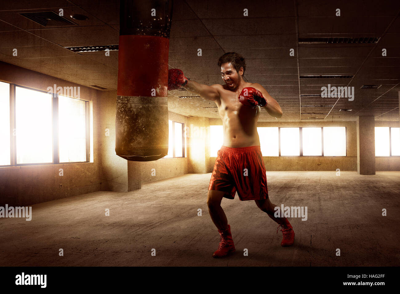Young asian man boxer doing exercise with punching the bag Stock Photo ...