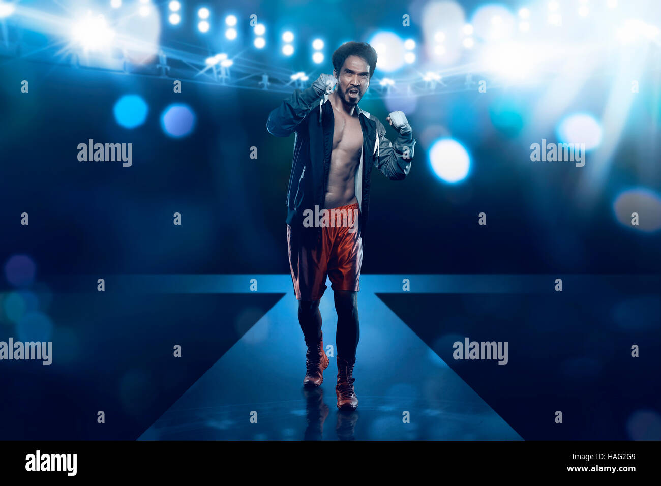 Spotlights stage illuminate asian boxer male with blue light Stock ...