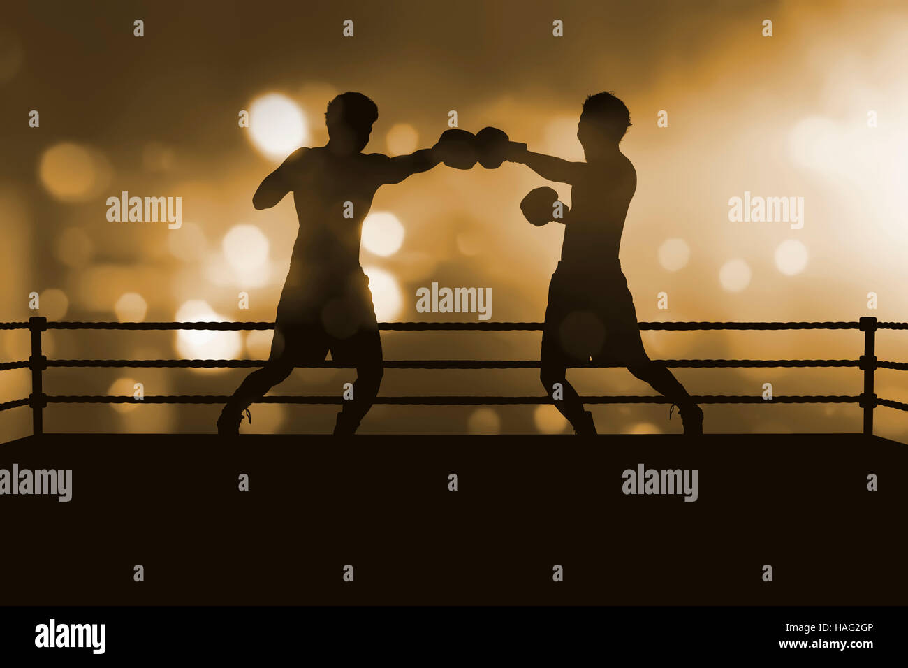 Silhouette of two professional asian boxer fight in the boxing match ...
