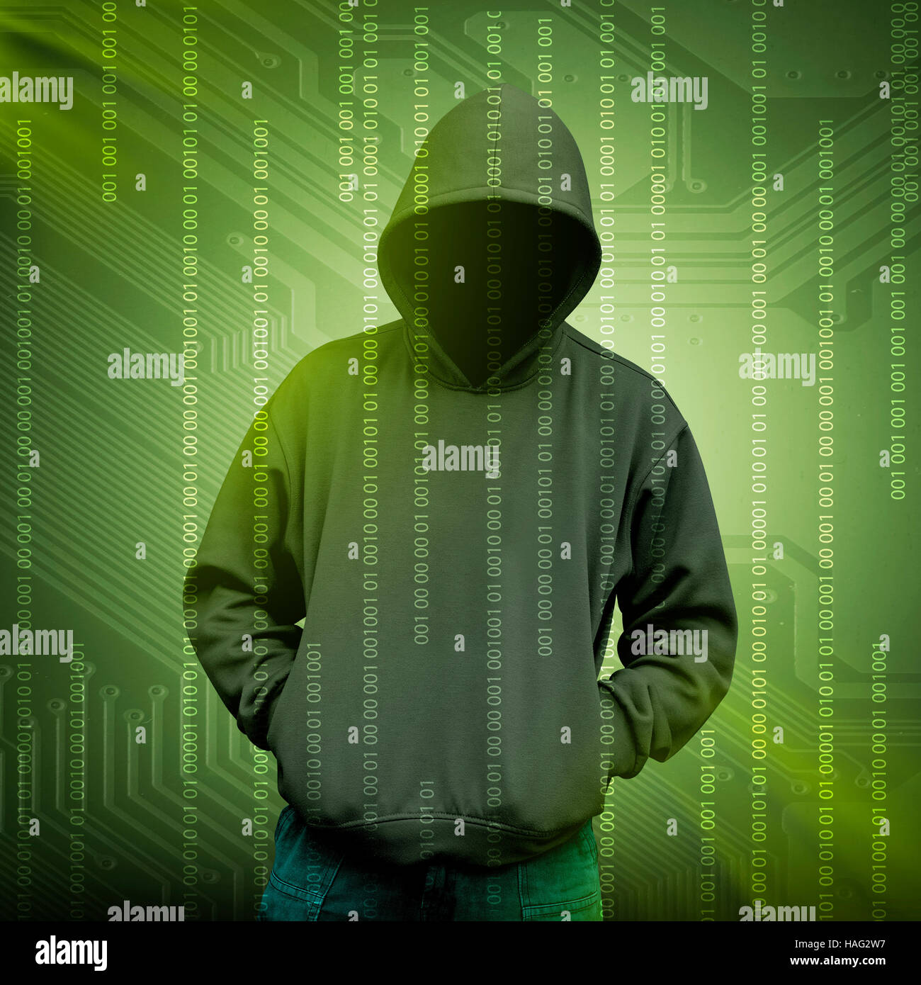 Computer hacker silhouette of hooded man with binary data and network security terms Stock Photo ...