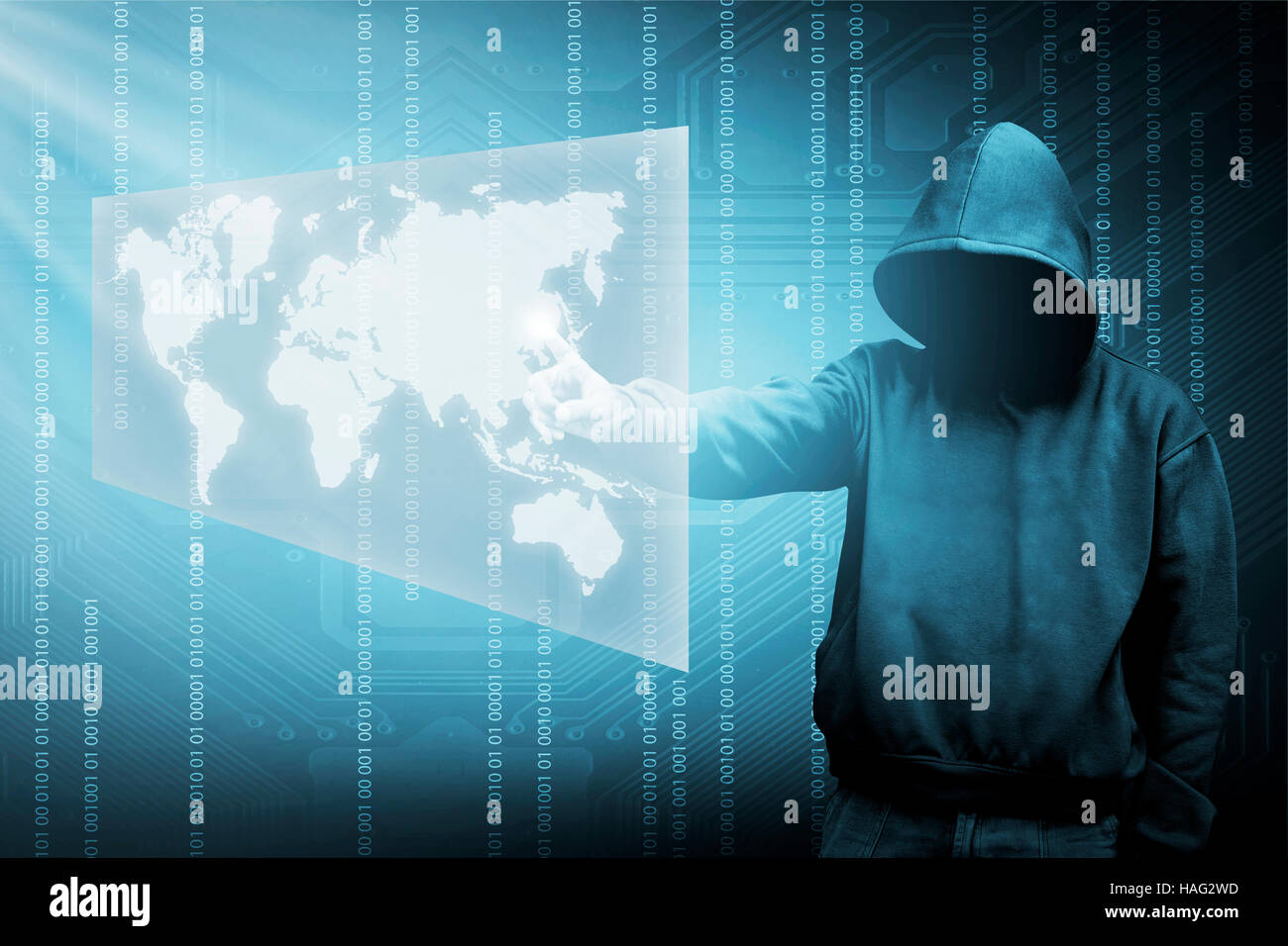 Computer hacker silhouette of hooded man with binary data and network security terms Stock Photo ...
