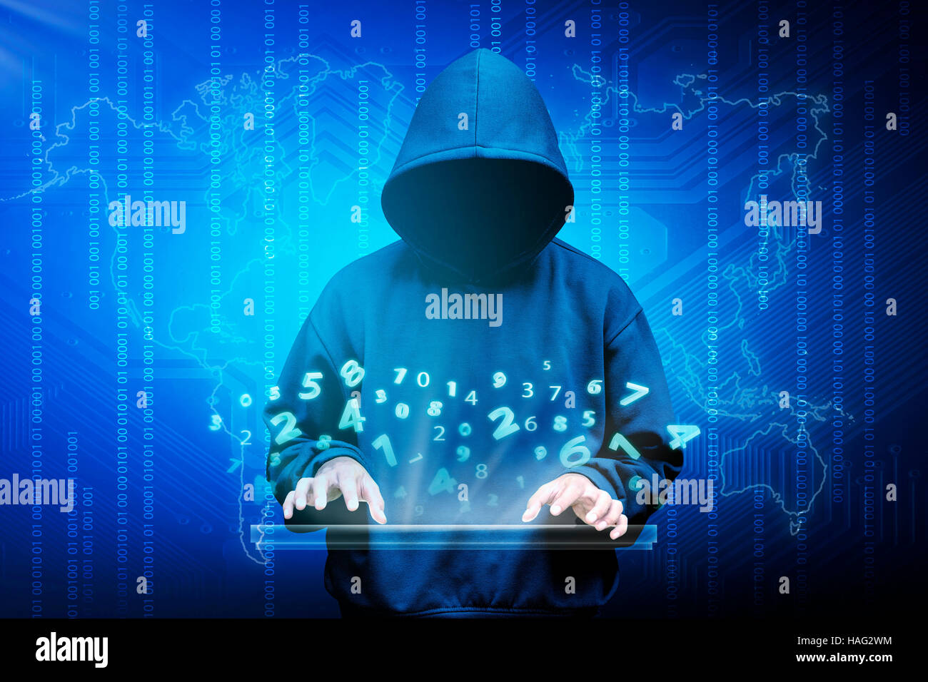 Computer hacker silhouette of hooded man with binary data and network security terms Stock Photo ...