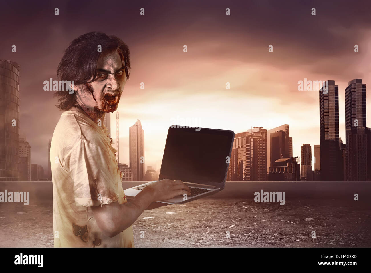 Horrible male zombies standing typing in laptop looking at behind go to ...
