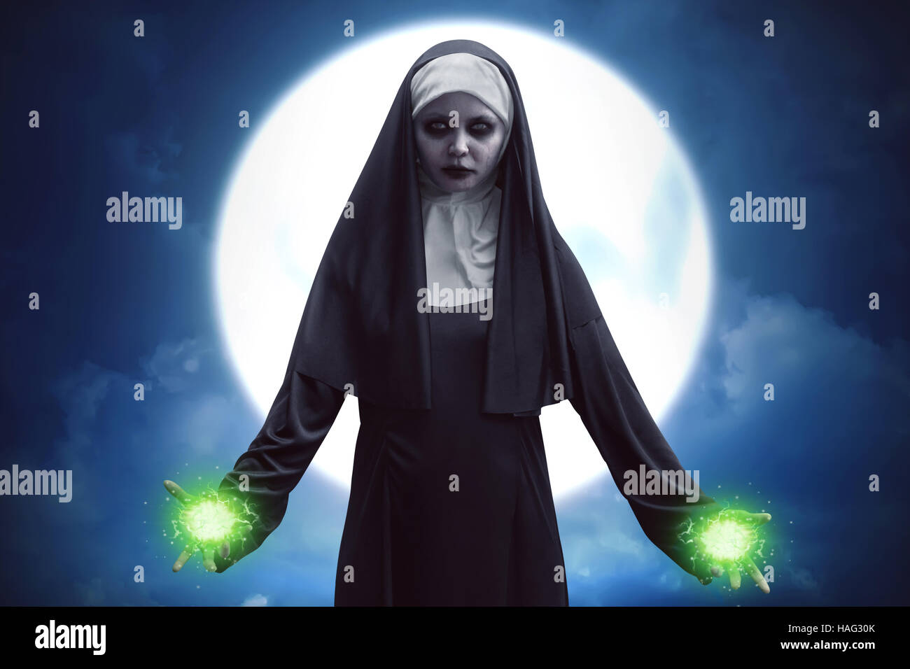 Demon nun asian woman get green spell strength on the moonlight Stock ...