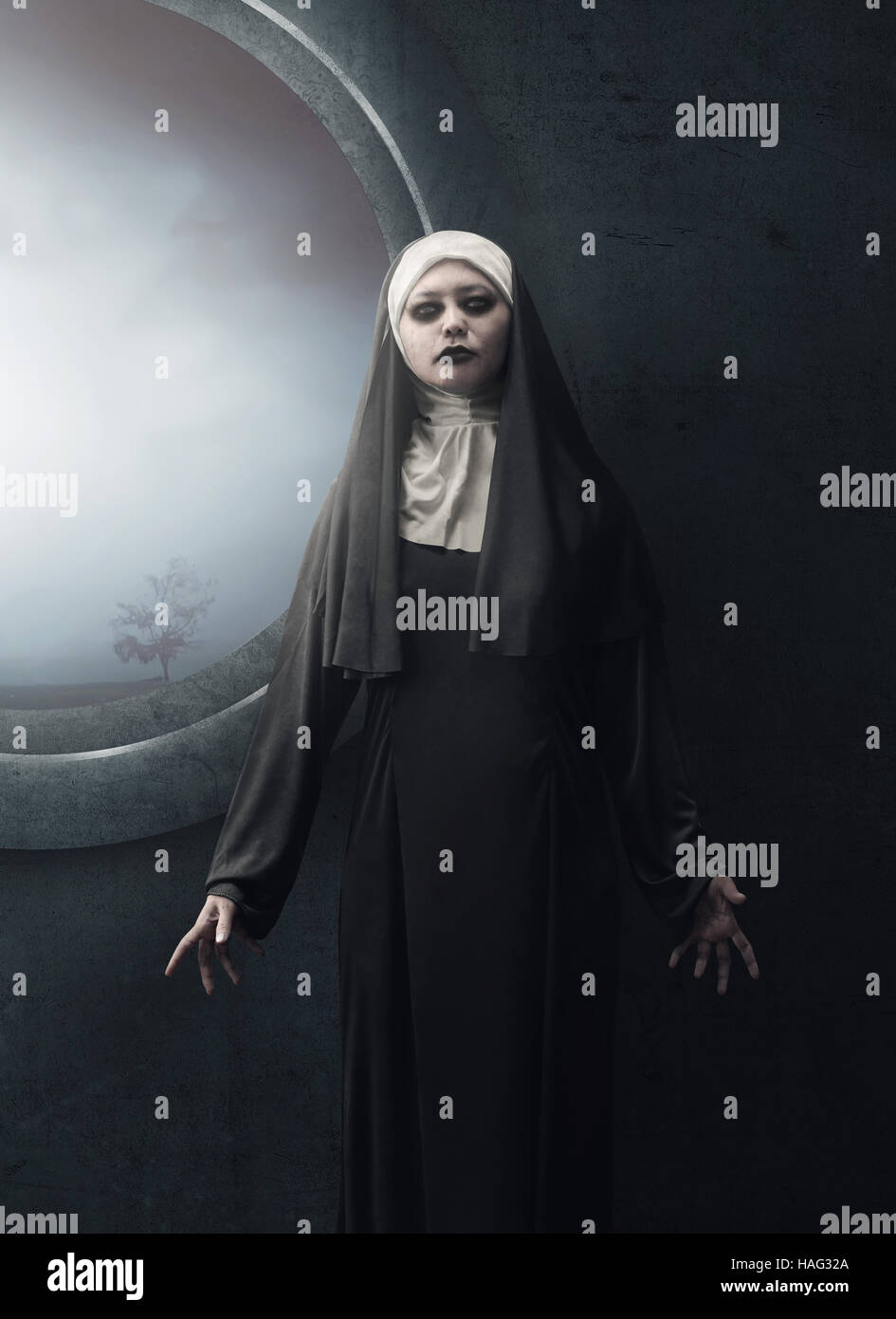 Creepy asian woman nun standing beside the dark window Stock Photo - Alamy