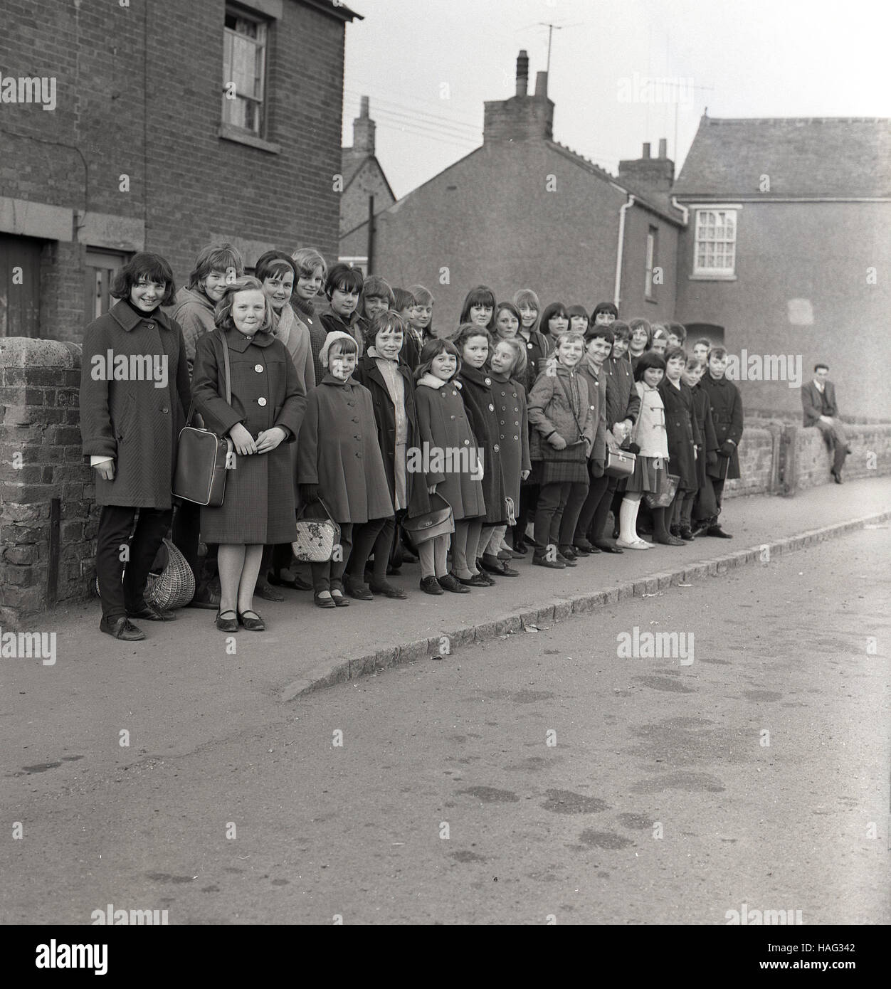 1965, historical, going on an outing, a group of excited children in ...