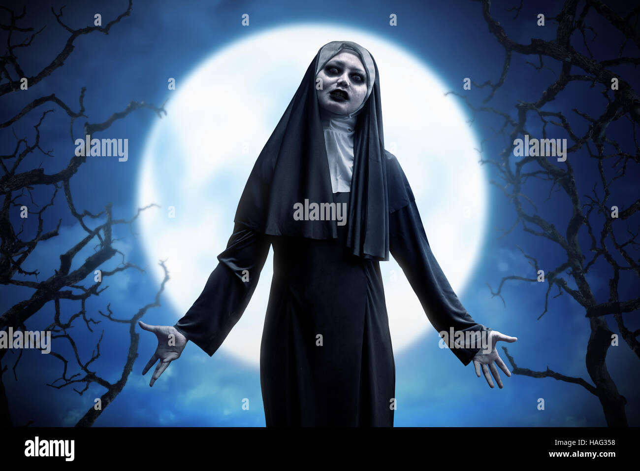 Scary asian evil nun woman expressions on the moonlight at forest Stock ...