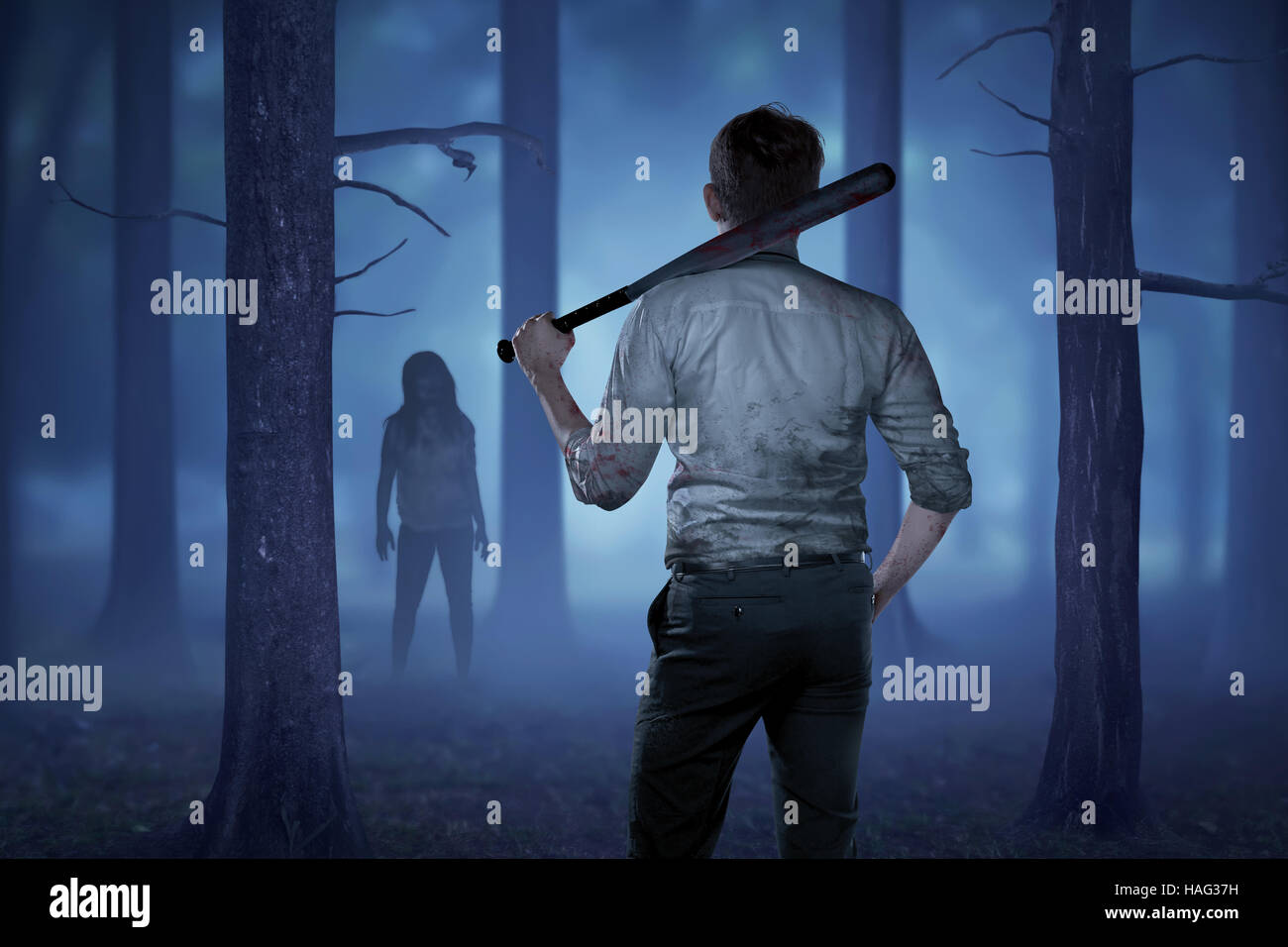 The man in a bloody shirt holding a bloody stick want to hit the lady ...