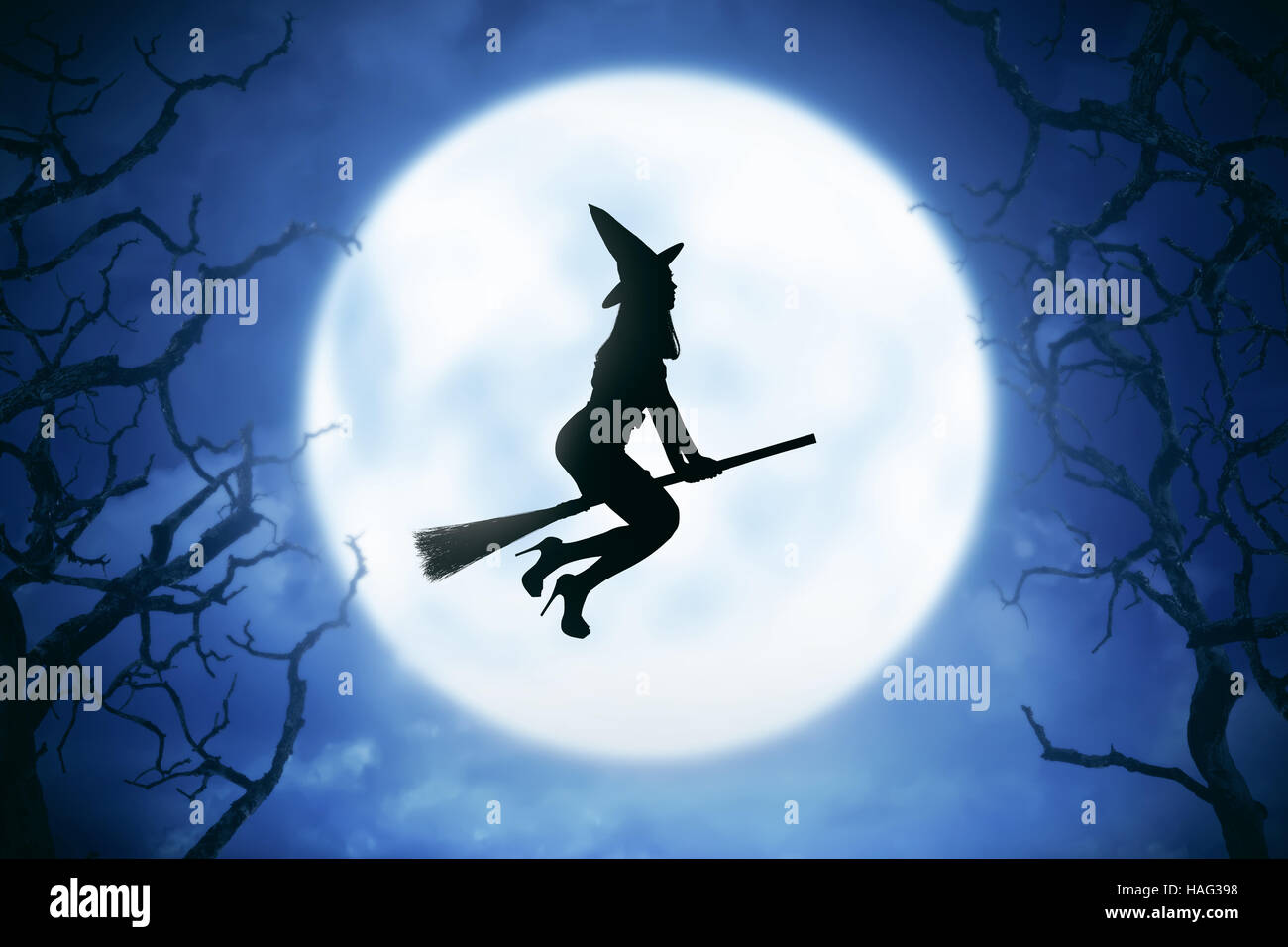 Silhouette of witch woman flying on the sky, with moonlight backround ...
